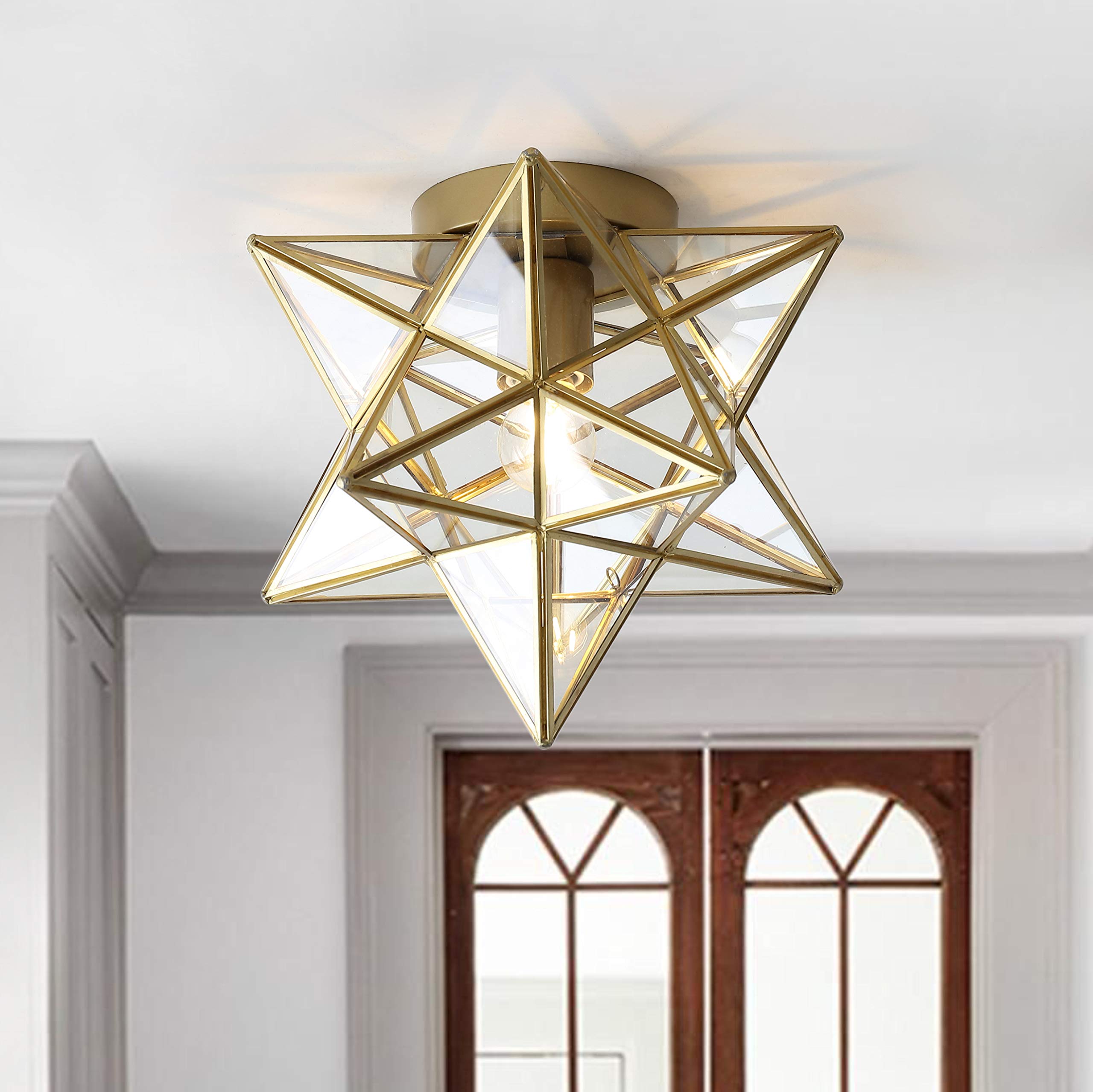 JONATHAN Y JYL9035B Stella 12" Moravian Star Metal/Clear Glass LED Flush Mount, Contemporary, Transitional, Office, Living Room, Dining Room, Kitchen, Bedroom, Bathroom, Hallway, Foyer, Gold/Clear