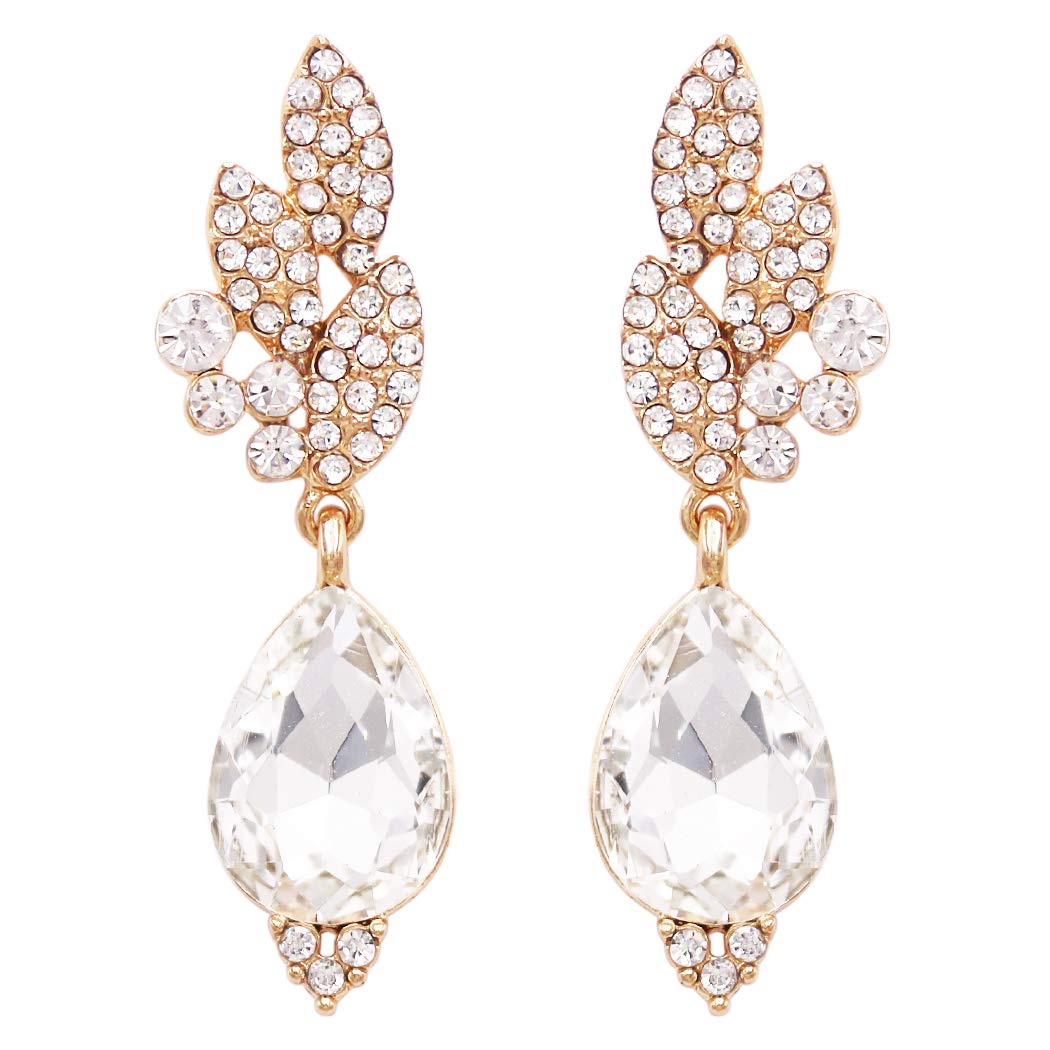 Rosemarie & Jubalee Women's Elegant Glass Crystal Teardrop Pave Rhinestone Statement Drop Post Back Earrings, 2" (Fuchsia Pink Crystal Gold Tone)