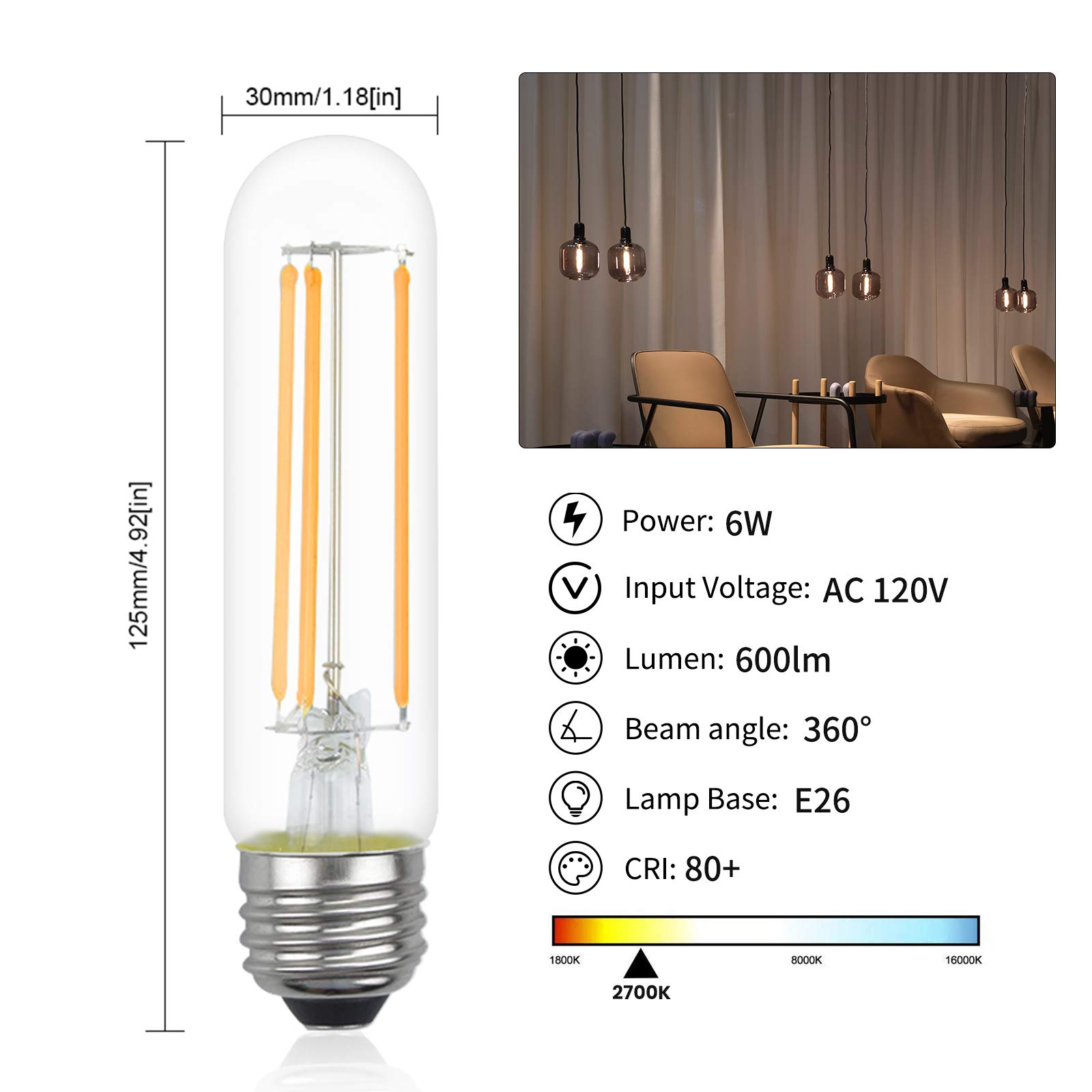 Luxvista 6W Dimmable T10 Tubular LED Light Bulb Soft White 2700K E26 Medium Base Filament Bulb 5 Inch Long Tubular Vitage Clear Edison Bulb 120V 60 Watt Incandescent Bulb Equivalent (4-Pack)