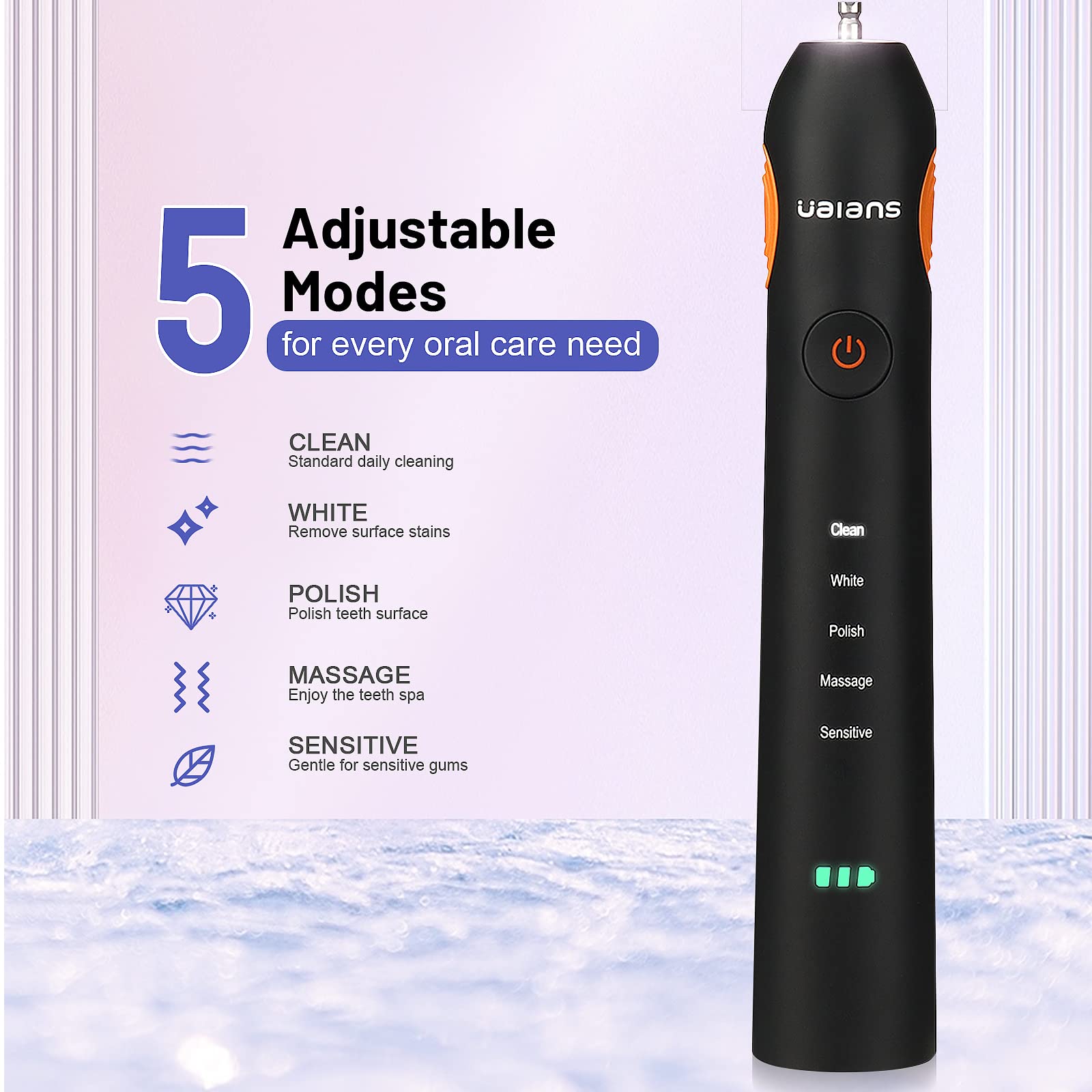 Ualans Electric Toothbrush for Adults, Sonic Toothbrush with 2 Mins 5 Modes Smart Timer, 48000VPM Toothbrush, Travel Case, Automatic Toothbrush Heads Cleaning, Fast Wireless Charge for 60 Days