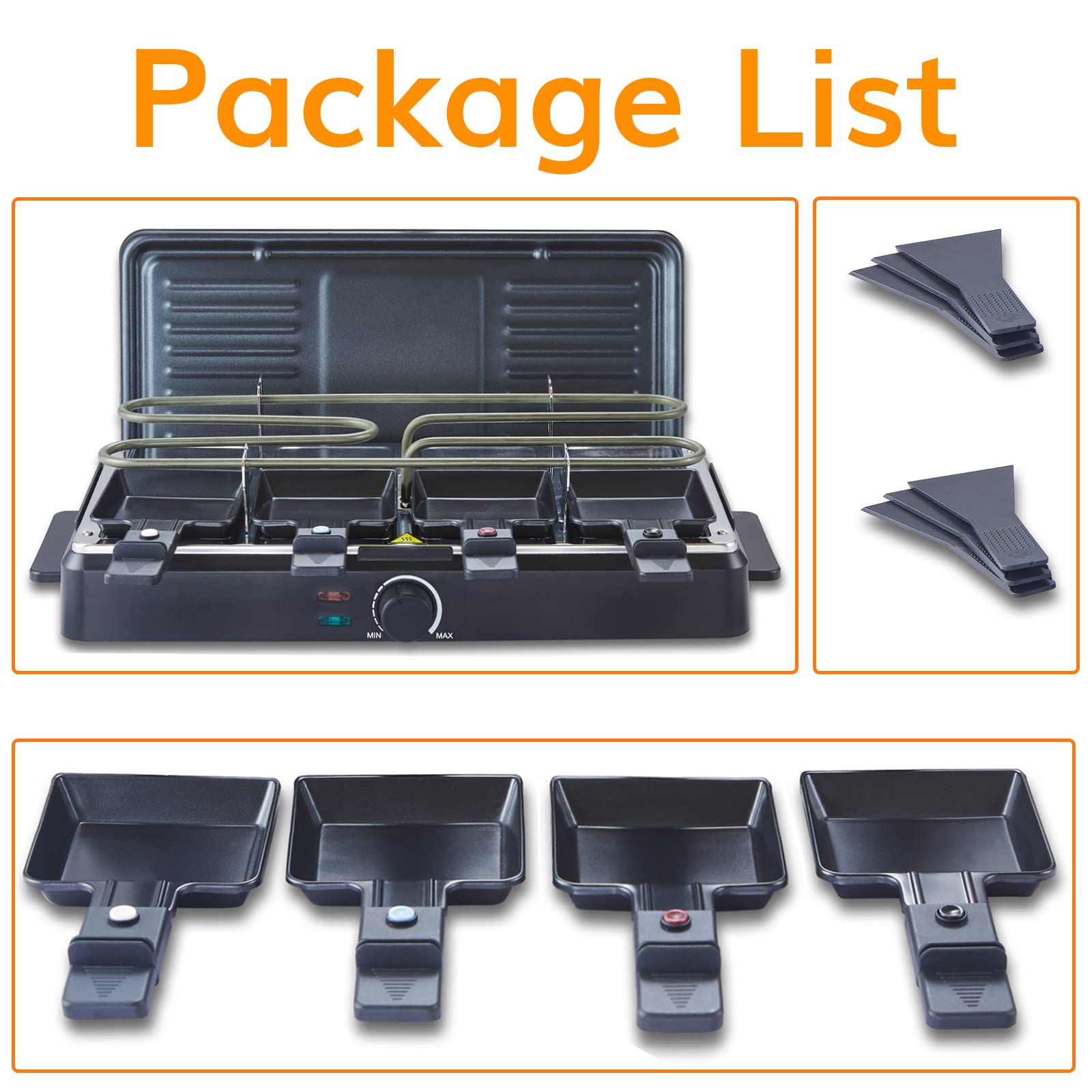 M Minca 1500 Watt Electric Raclette Grill, Korean BBQ Grill, Table Portable 2 in 1 Indoor & Cheese Raclette, Removable Hot Plate, Adjustable Thermostat, with 8 x Mini Cheese Pans & Spatulas