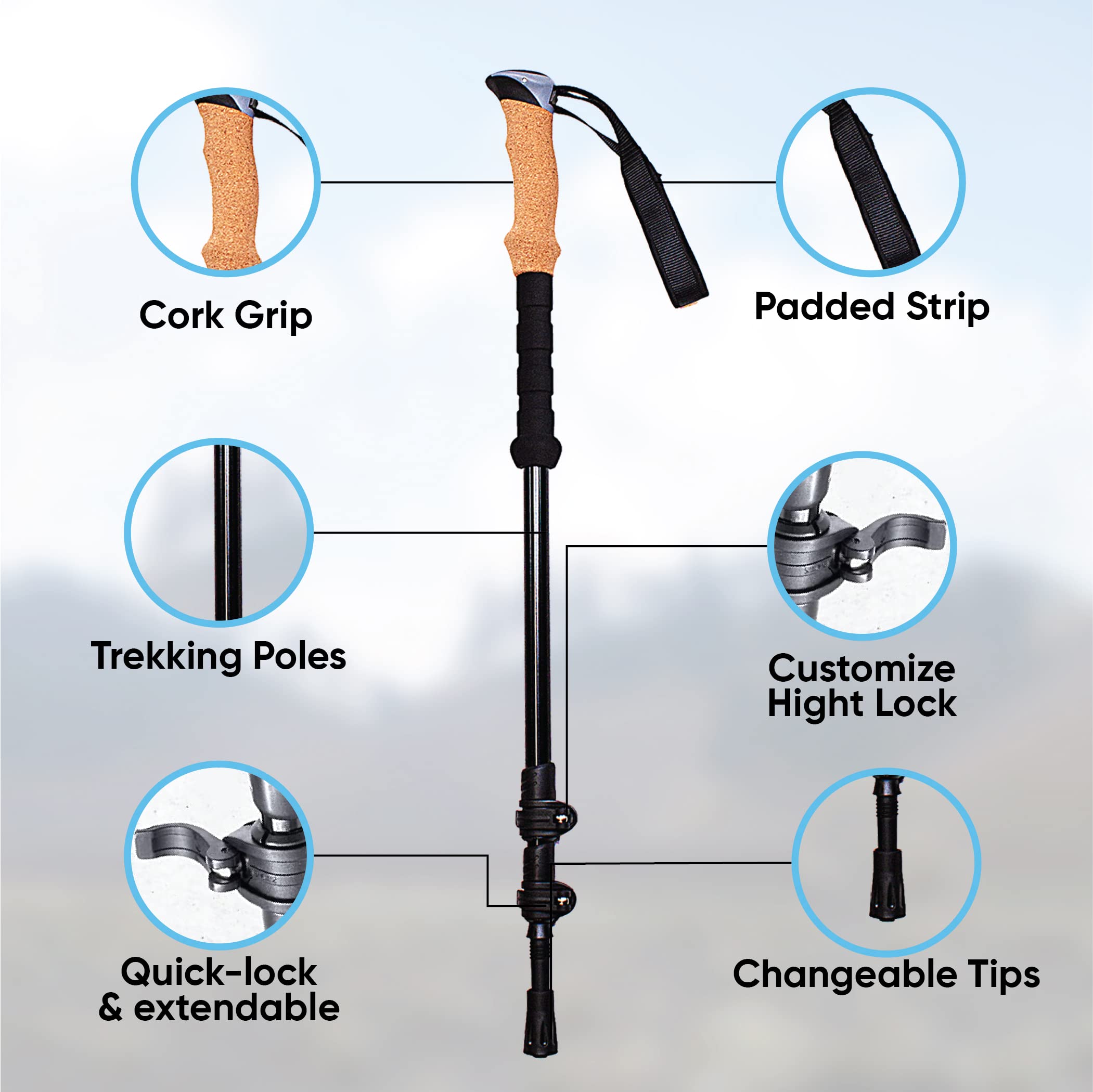 Nordic Walking Stick Adjustable Locks Expandable to 54" Lightweight Trekking Hiking Poles 10 Replacement Tips