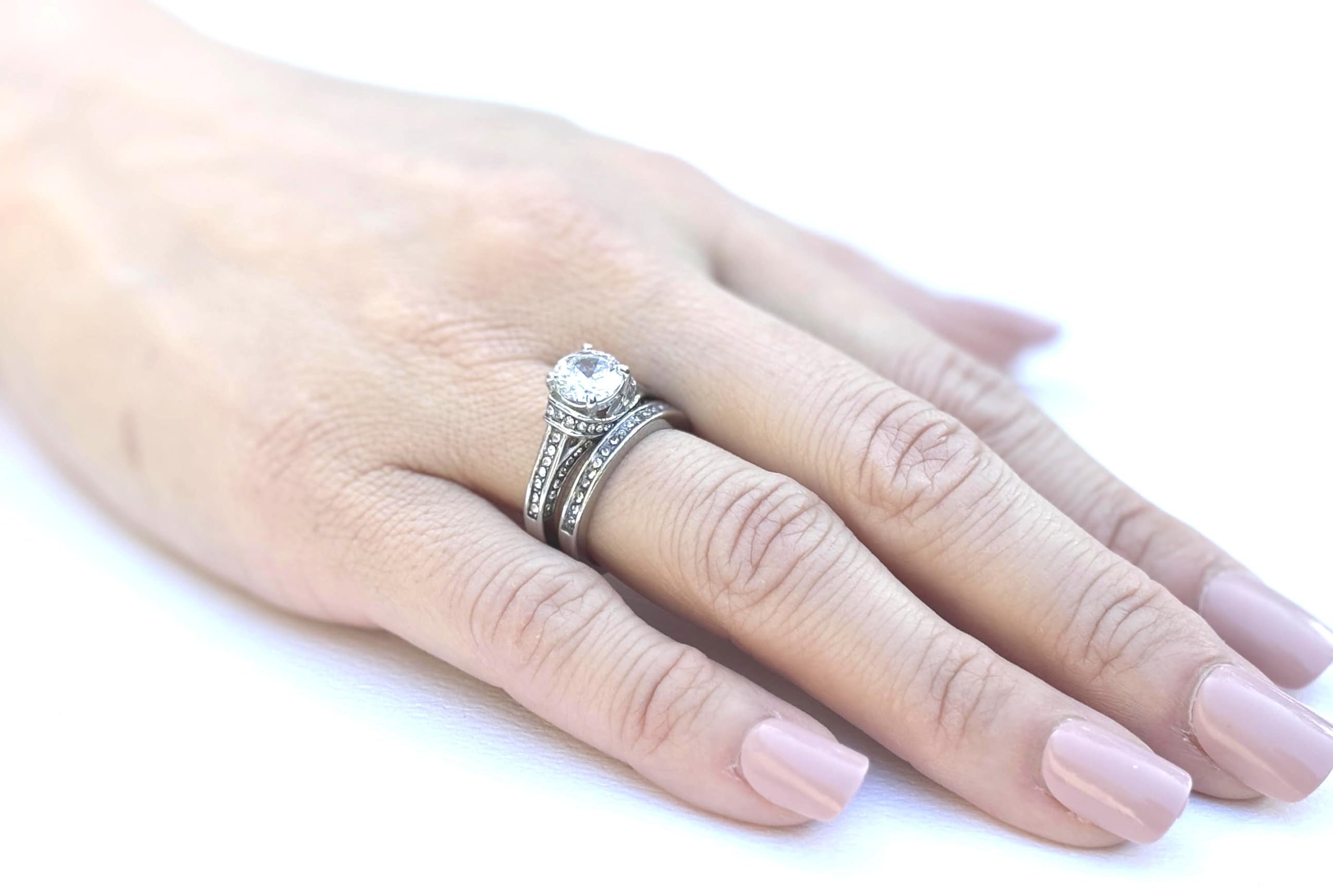 Lanyjewelry 1 Carat CZ Womens Stainless Steel Wedding Bridal Anniversary Promise Ring Set - Size 5