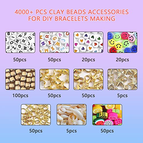 LanM Epoch 4020 Pcs Clay Beads,18 Colors Flat Clay Beads Kit with 100 Alphabet Beads,20 Smiley Beads,20 Loving Beads and 4 Roll Elastic Strings for DIY Jewelry Making Earring Bracelets Necklace (6mm)