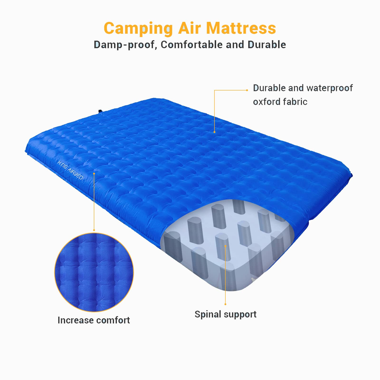 KingCamp Sleeping pad for Camping 6" Thick Camping Mattress 2 Person Inflatable Mattress Camping with Pump Up to 550LB for Heavy Weight for Tent Backpacking Queen Size Camping Pad Blue