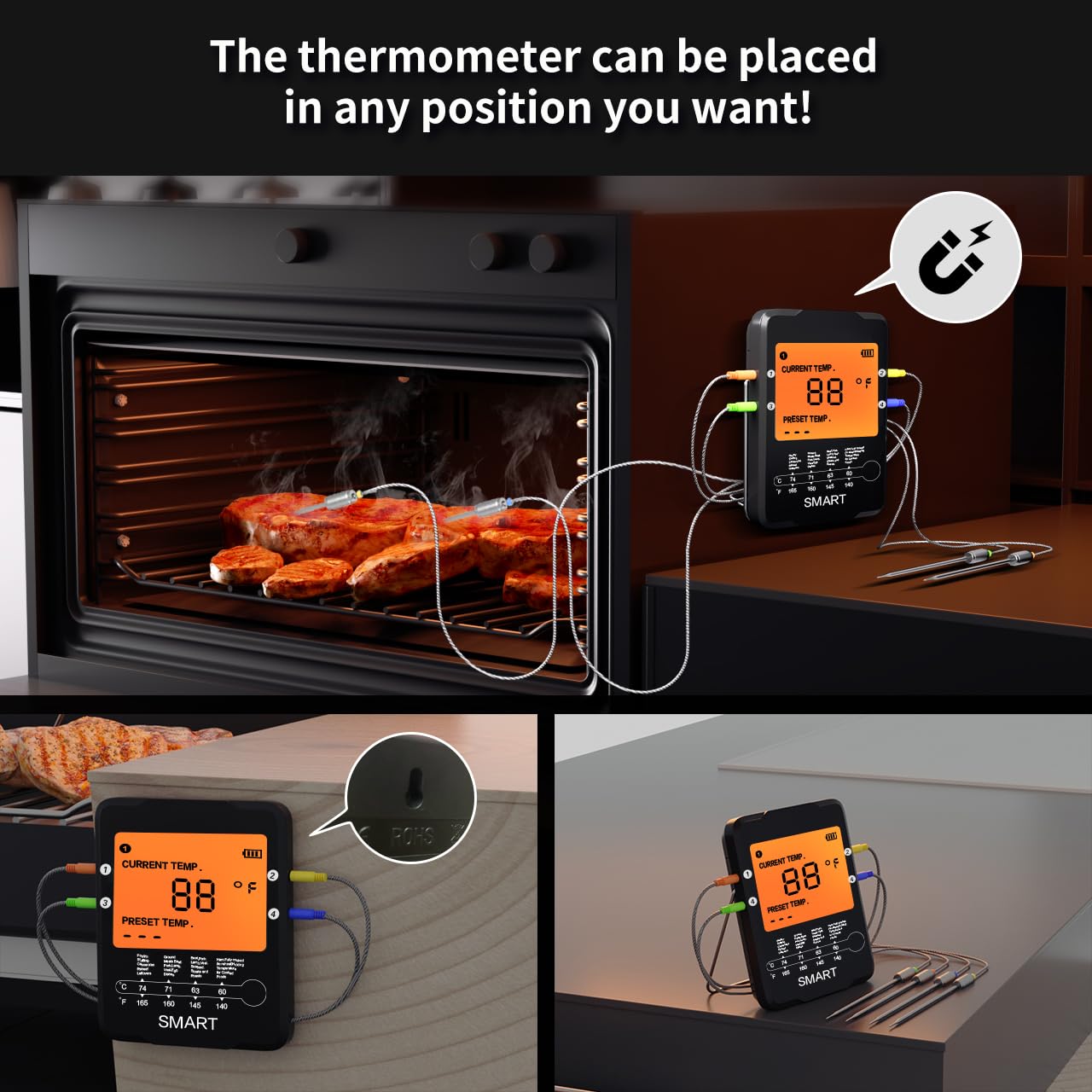 Rilitor Bluetooth Meat Thermometer,Wireless Digital Grill Thermometer with 4 Probes, Oven BBQ Thermometer with 100M/328Ft Smart APP Remote Suit for Kitchen Food Garden Smoker Barbecue Cooking