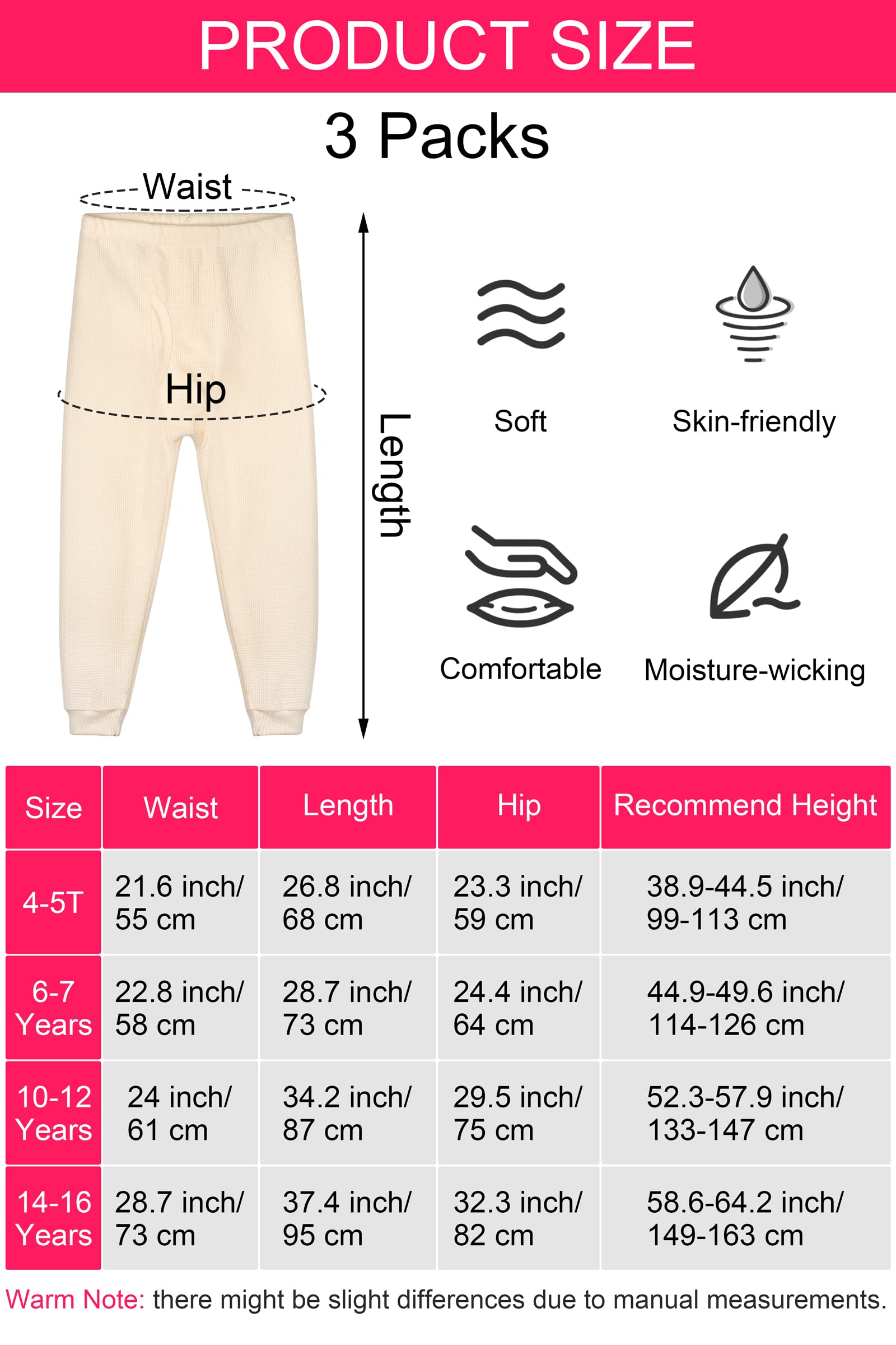 Resinta 3 Pack Boys Thermal Waffle Bottom Underwear Waffle Knit Pants Winter Base Layer Bottoms Pants for Boys