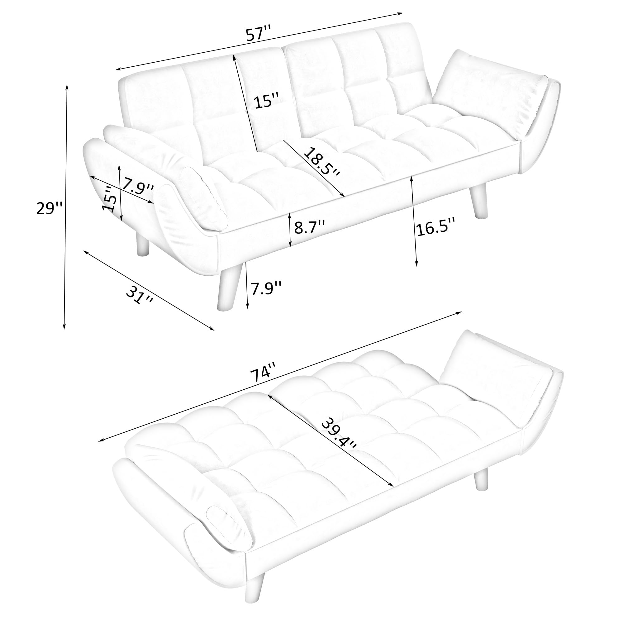 Sunkea 57'' Futon Sofa Couch Bed, Comfy Velvet Upholstered Loveseat, Convertible Sleeper Sofa Cama with Adjustable Backrest, with 2 Armrests Throw Pillow, Couches for Living Room, Beige