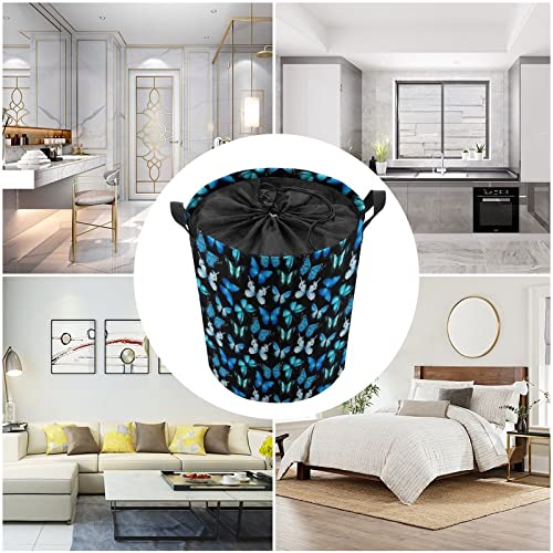 Watercolor Butterfly Laundry Basket Round Collapsible Storage Bin with Drawstring and Handle for Bedroom Bathroom Toys Room 17.3" X 13.8"