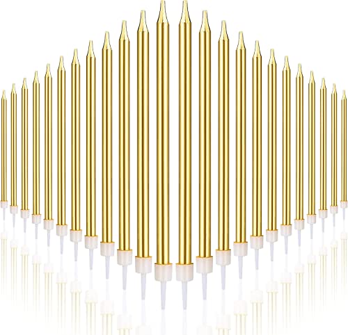 URAQT Birthday Candles, 24 Pcs Metallic Birthday Cake Candles in Holders, 5.1 inch Long Thin Golden Candles Cupcake Candles for Birthday Wedding Baby Shower Party Decoration