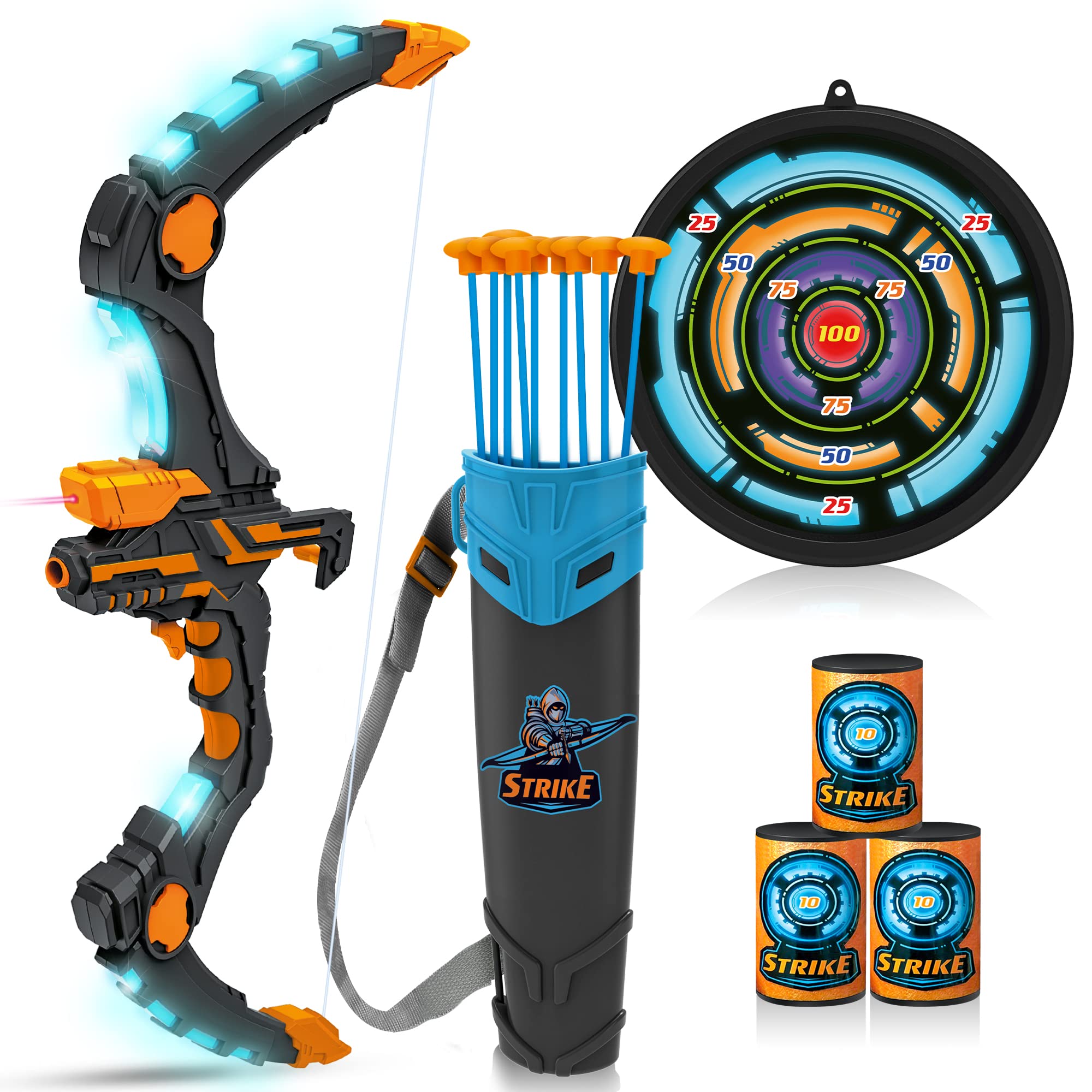 JOYIN Bow and Arrow for Kids with LED Flash Lights - Archery Bow with 9 Suction Cups Arrows, Target and Arrow Case for Outdoor Play (Black Blue)