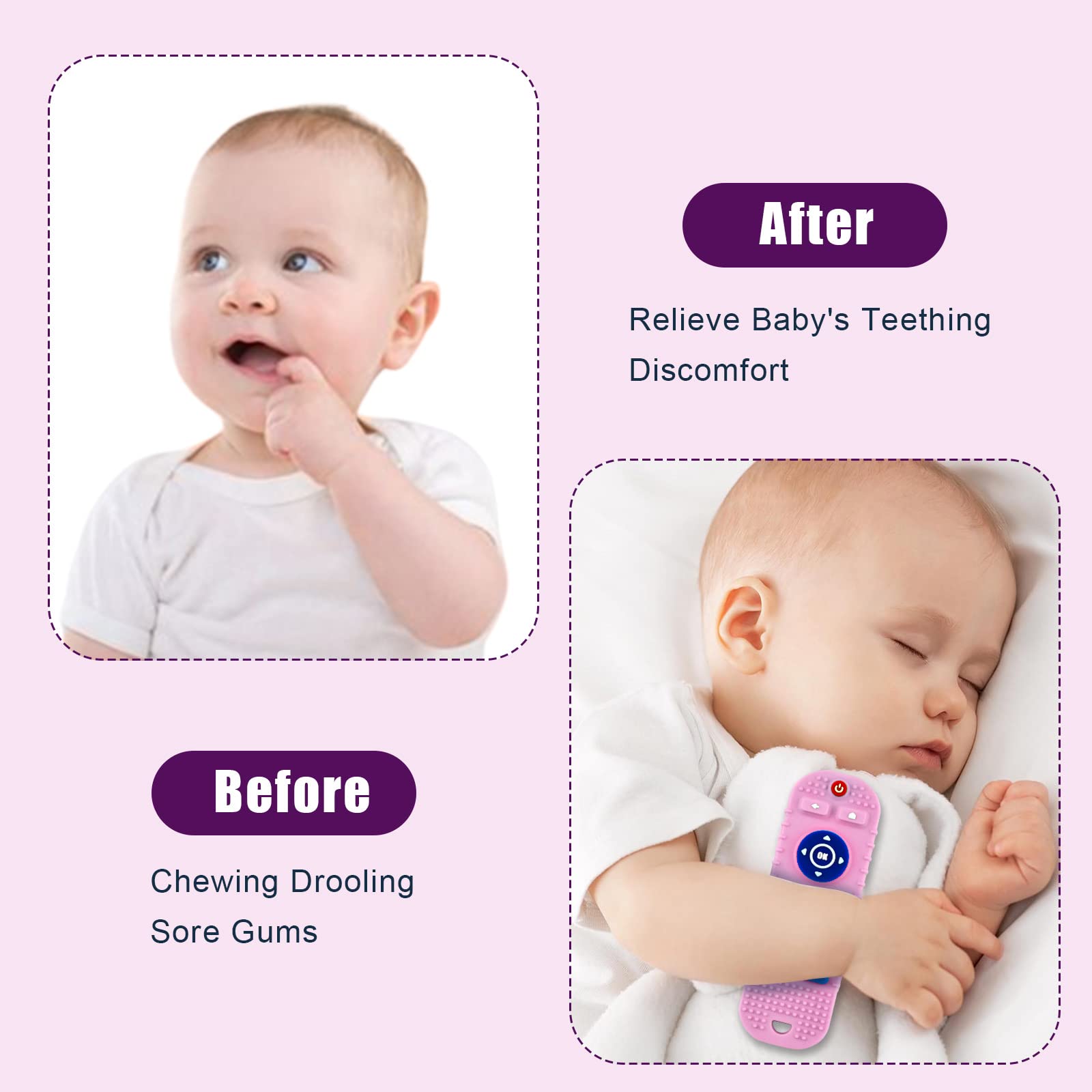 Silicone Baby Teething Toy Remote Control Shaped Baby Teether with a Cute Pacifier Clip Chain Soft Baby Chew Toys Early Sensory Education Molar Toy for Babies 3-18 Months (Pink)