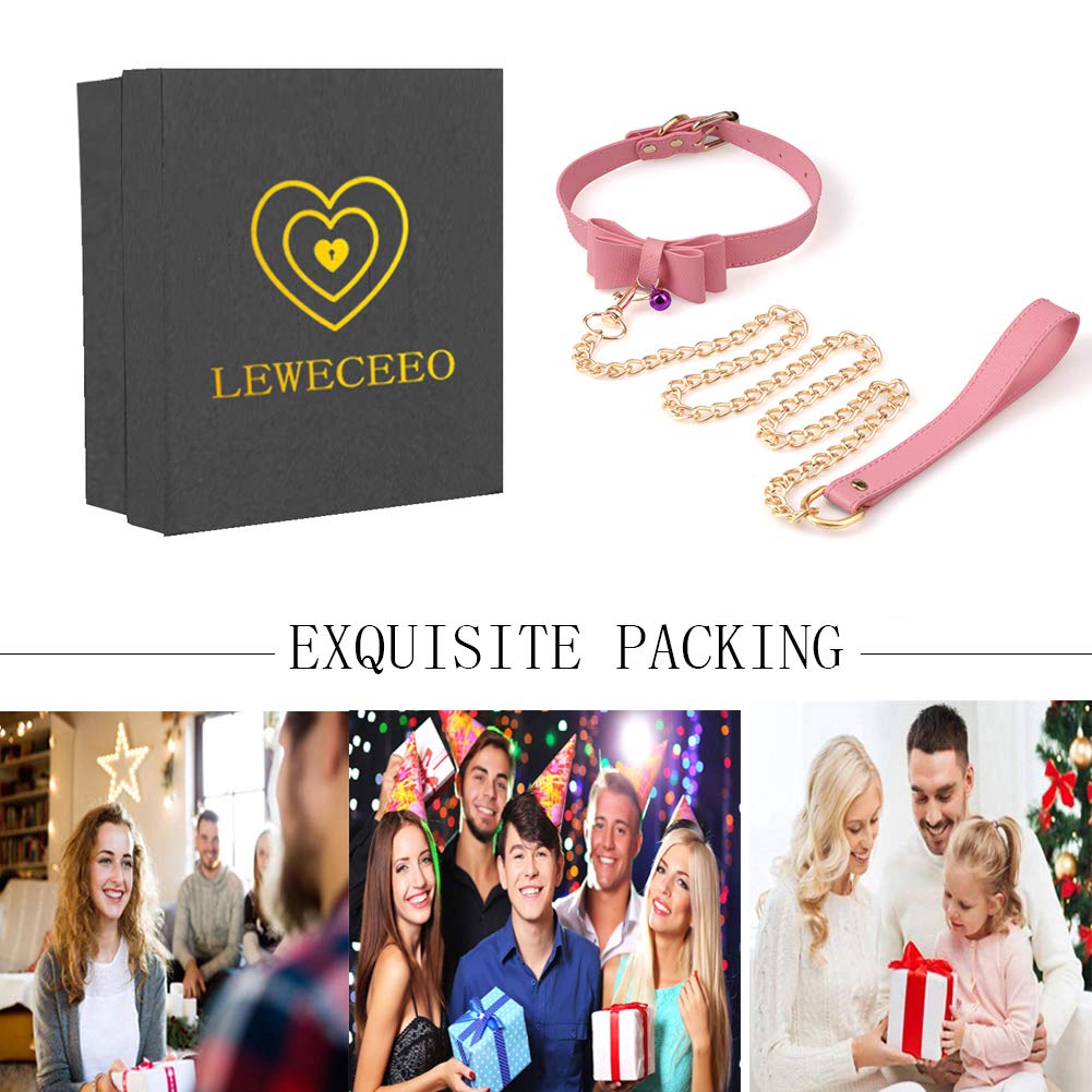 LEWECEEO PU Leather Kitty Bell Collar Choker Cosplay Bowknot Collar Choker with Golden Chain Leash for Women Girls (Pink)