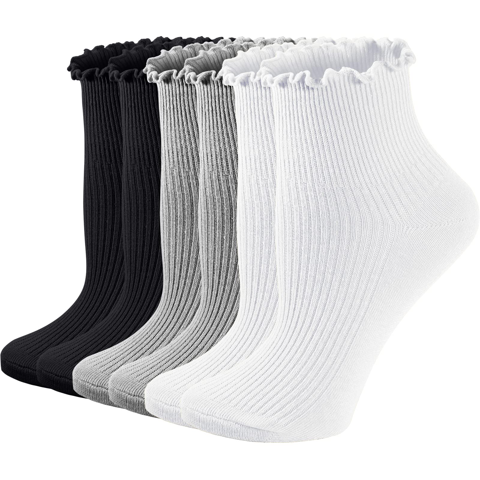 NORMOV 10 Pairs Cute Ruffle Socks For Women,Cotton Crew Frilly Ankle Socks,Lace Casual Boot Socks(Dark)