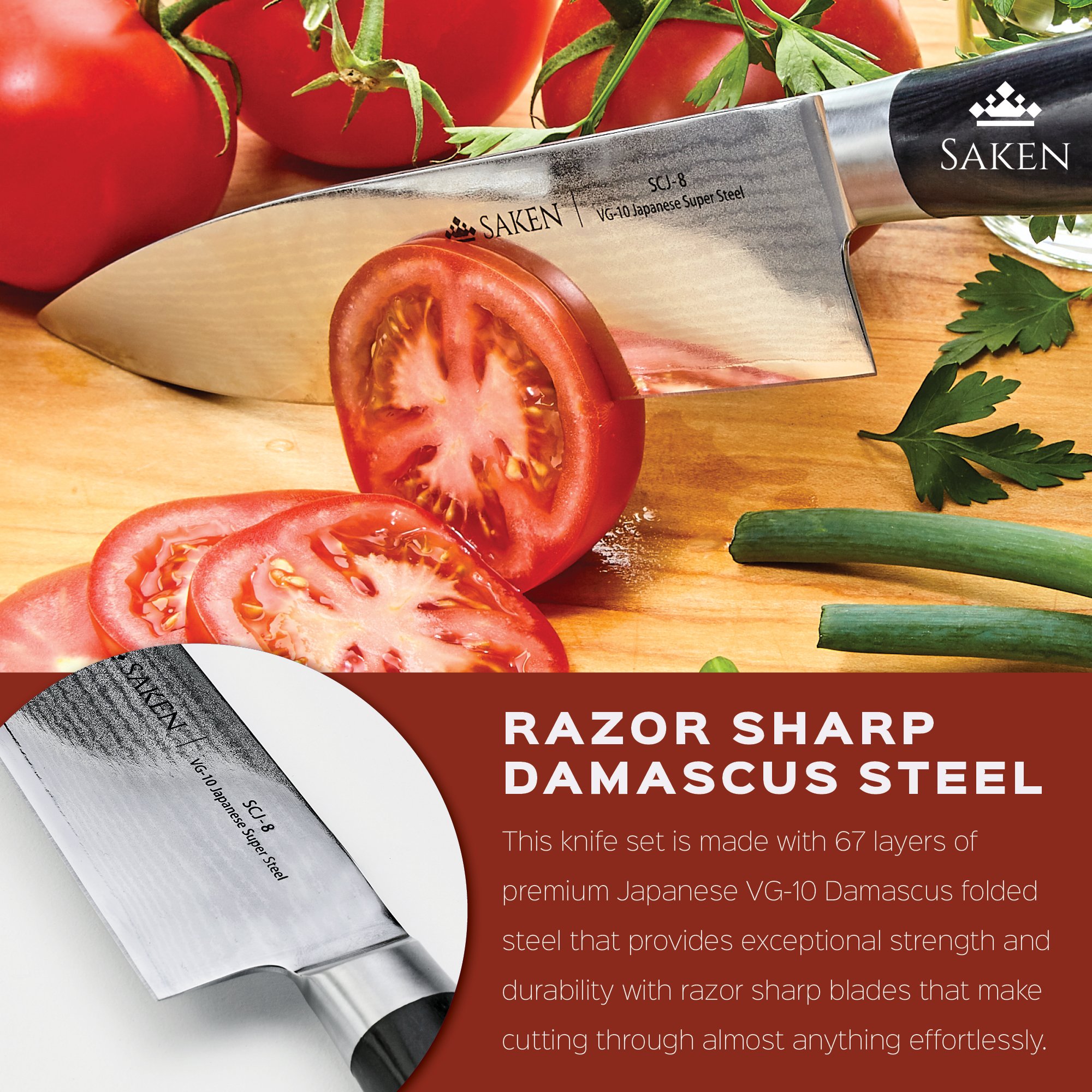 Saken Razor Sharp Damascus Steel 8” Chef Knife Set with 3.5" Paring Knife – Premium Japanese VG-10-67 Layers Folded Steel Kitchen Knives - Natural Non Stick - by Saken