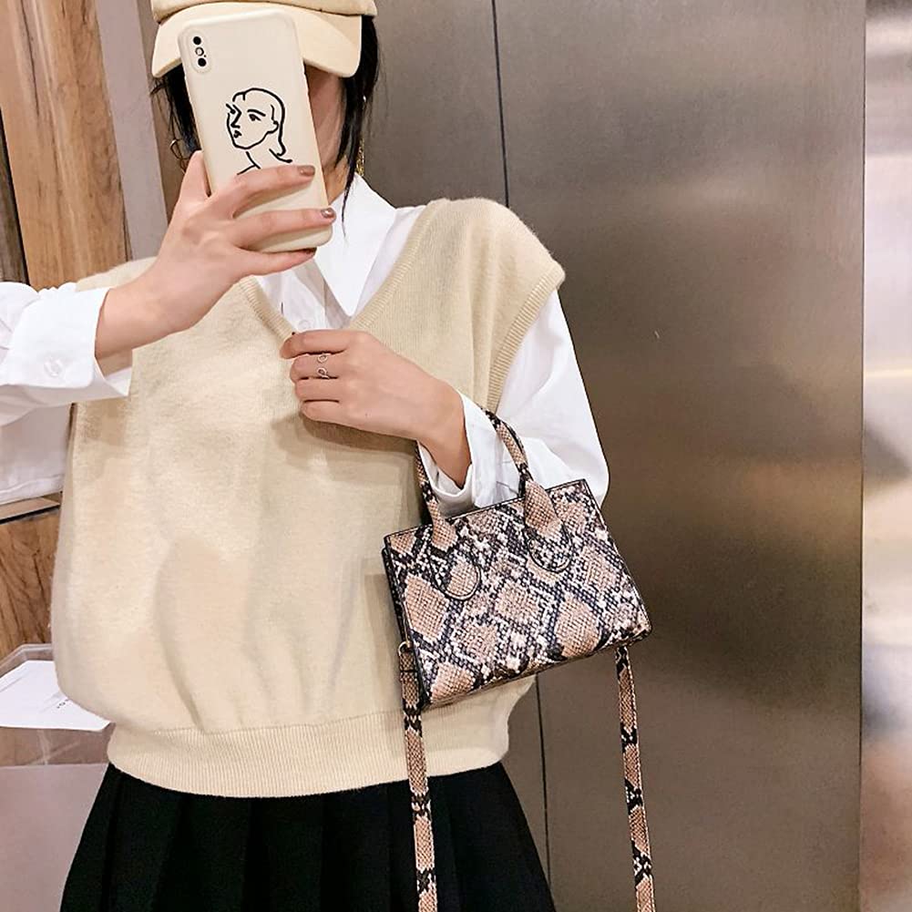 Retro Animal Snake Cow Print Women Messenger Handbag PU Top-Handle Shoulder Bags, Light Brown, 21 x 18 x 5cm