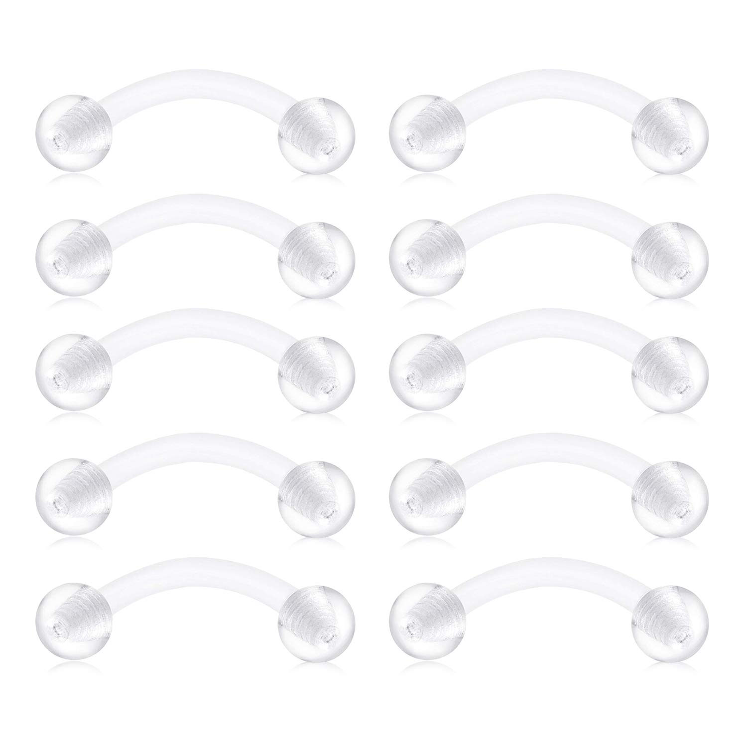 JFORYOU 10PCS Clear Bioflex Acrylic Curved Barbell Belly Button Rings Snake Eyes Tongue Ring Retainer Piercing 14G 12mm