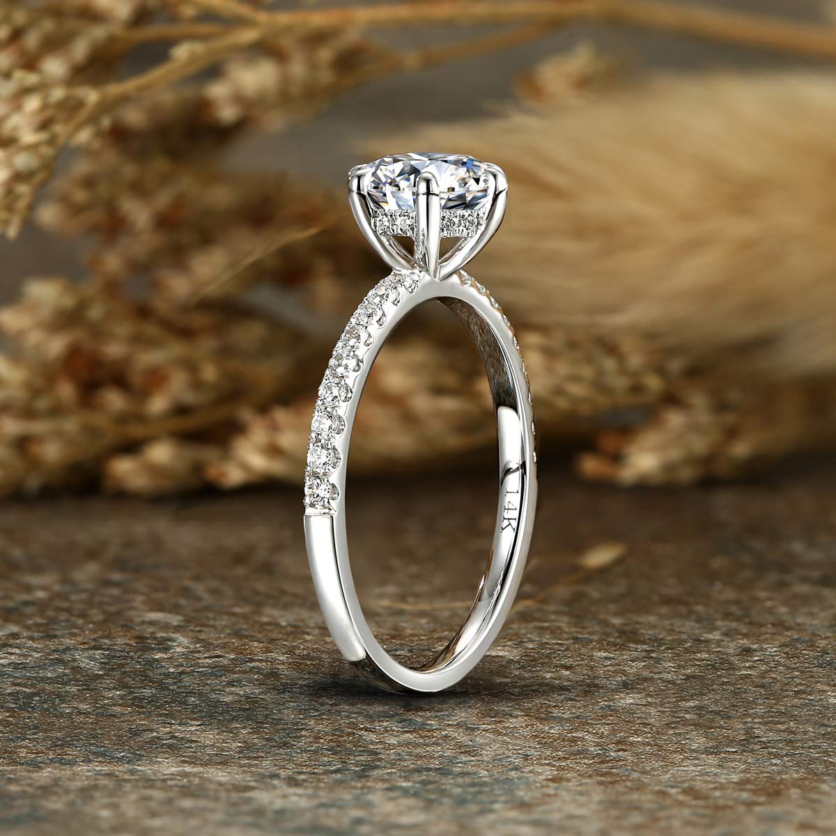 Lamrowfay 14k 6-Prong Halo 6.5mm 1.0 CT Simulated Diamond Engagement Ring with Side Stones Classic Wedding Rings (Yellow-Gold, 8.5)