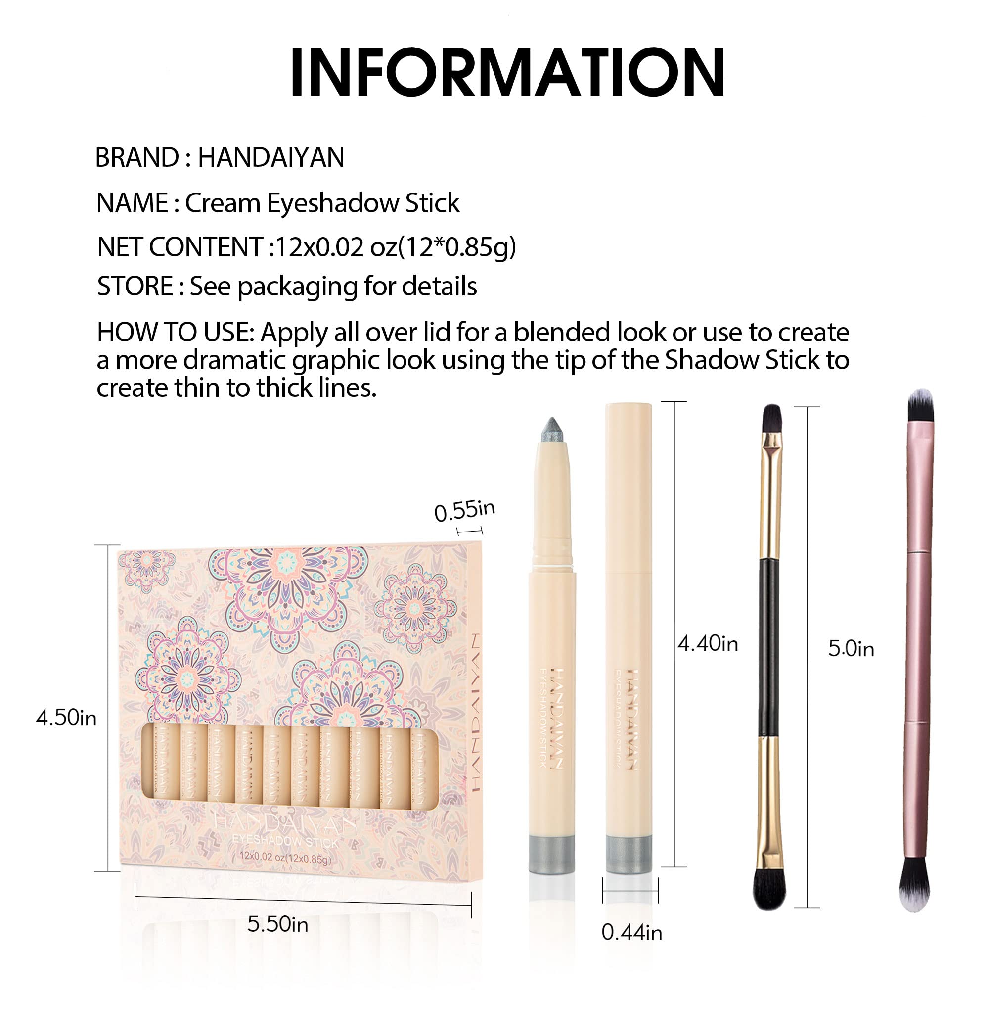 Topcent 12 Pcs Cream Eyeshadow Stick Set Soft Matte Shimmer Rainbow Earth Colors Highly Pigmented Long Lasting Waterproof Eye Shadow stick Eye Liner Makeup with Pencil Sharpener and Brush (Set B)