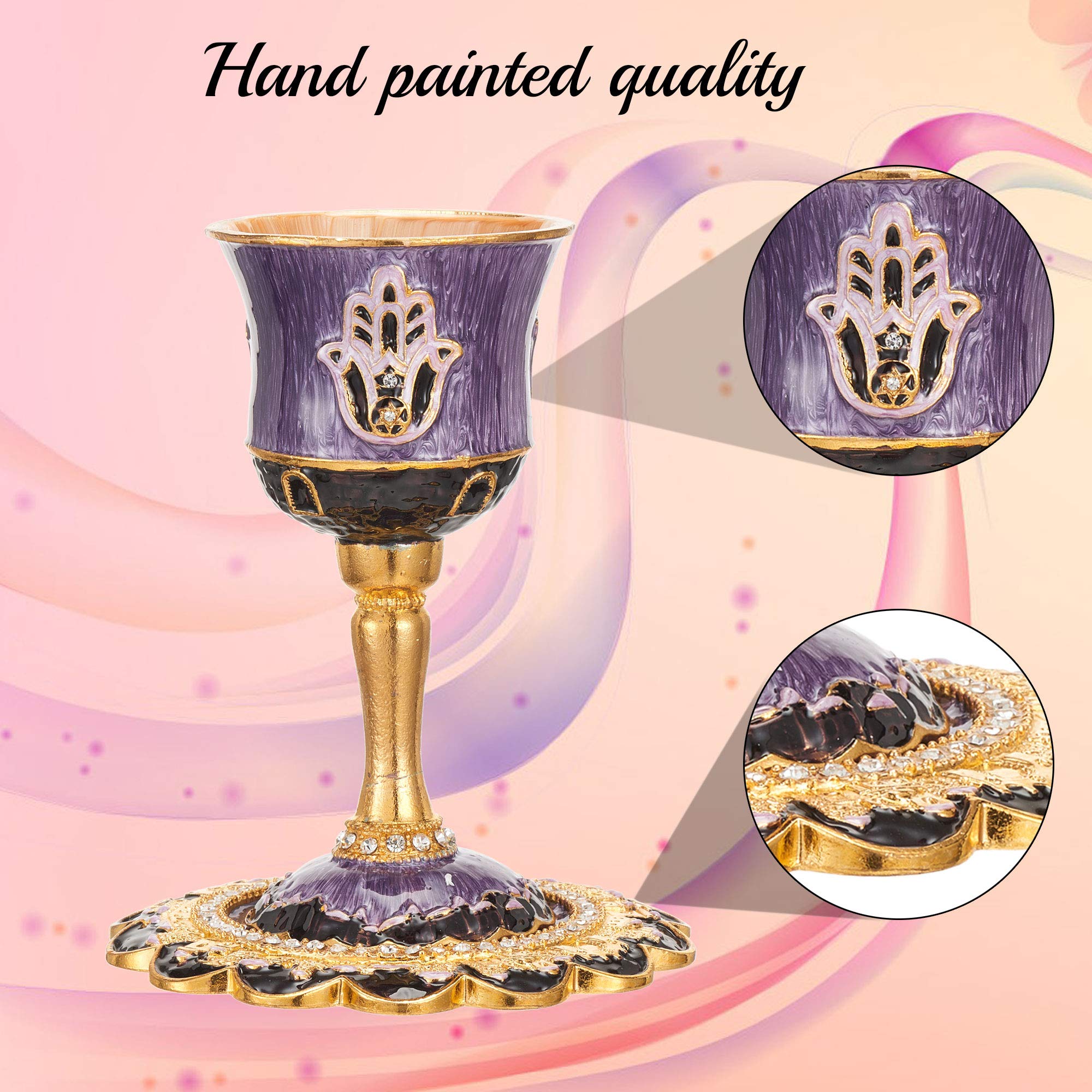 Matashi Hand-Painted Enamel Tall 5" Kiddush Cup Set with Stem and Tray Embellished with Crystals and Hamsa Design for Weddings Shabbat Havdalah Passover Goblet Judaica Gift Home Decor Blessings Cup