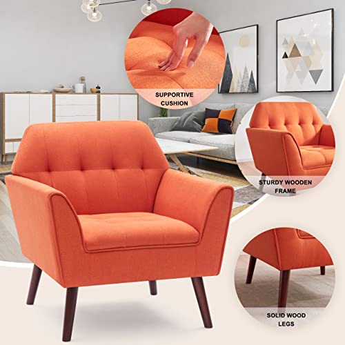 Kingfun Accent Chairs for Bedroom, Midcentury Modern Accent Arm Chair for Living Room, Linen Fabric Comfy Reading Chair, Tufted Comfortable Sofa Chair, Upholstered Single Sofa, Orange