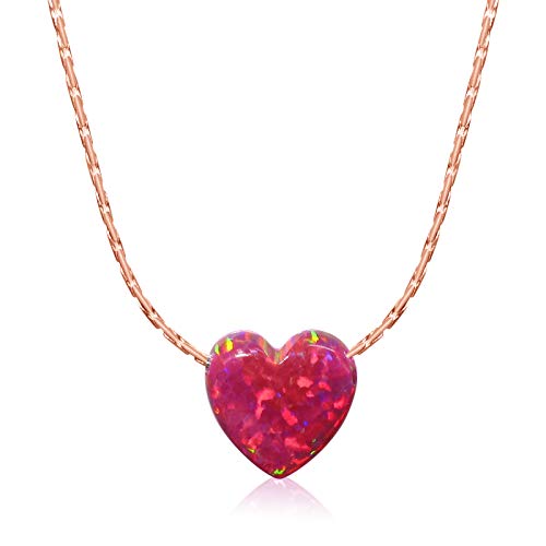 KEZEF Simulated Fuschia Opal Heart Charm Pendant Solid Sterling Silver 16" inch Cardano Chain Necklace