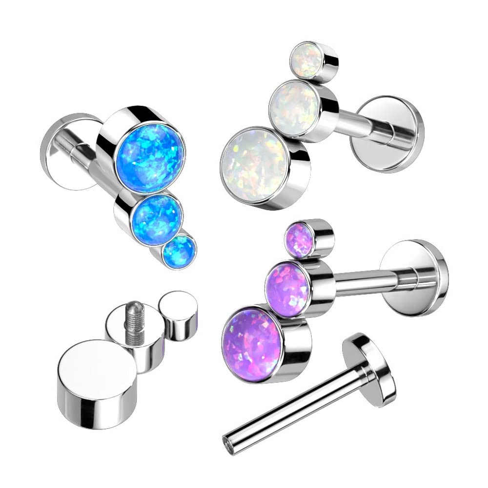 Pierced Owl 16GA G23 Implant Grade Titanium Descending Bezel Set Triple Opal Curved Internally Threaded Stud (Blue)