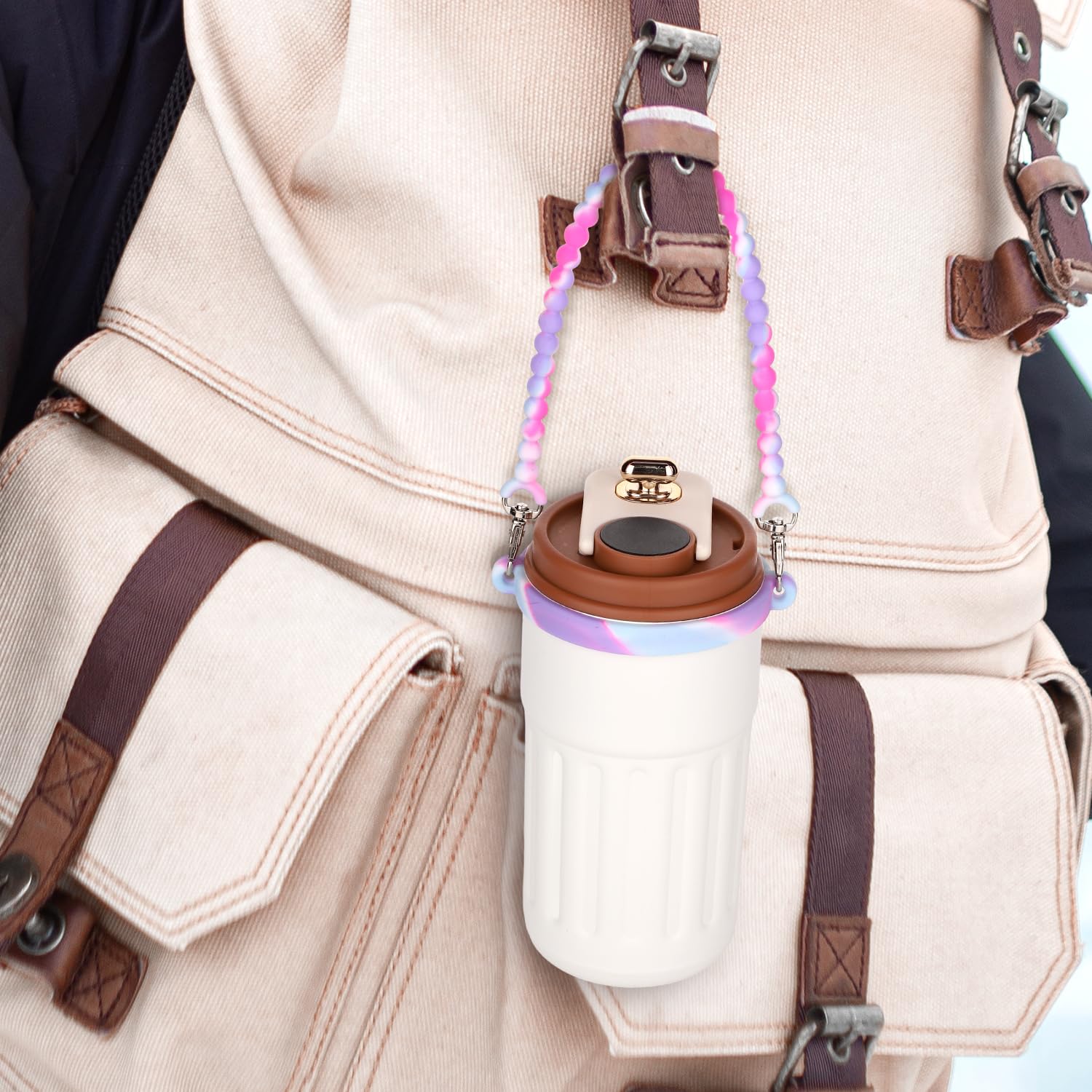lasuroa Water Bottle Handle, Silicone Water Bottle Strap Holder Lanyard Attachment Carrier Soft Water Bottle Sling Accessories for Stanley, Most 8-40 oz (Pink & Purple Mixed)