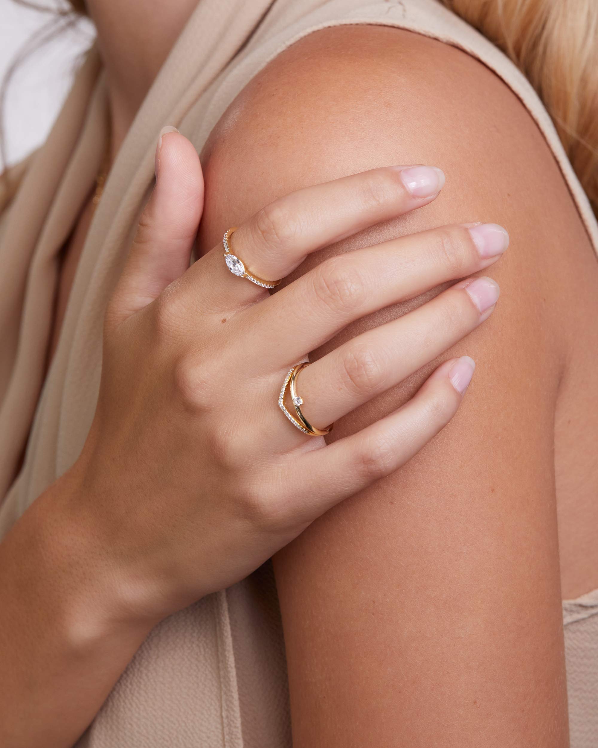 Milla Chevron Rings for Women - 14K Gold Plated Rings and 925 Sterling Silver - Wishbone 'V' Ring with Cubic Zirconia (14K Gold Plated over 925 Sterling Silver, Size 9)