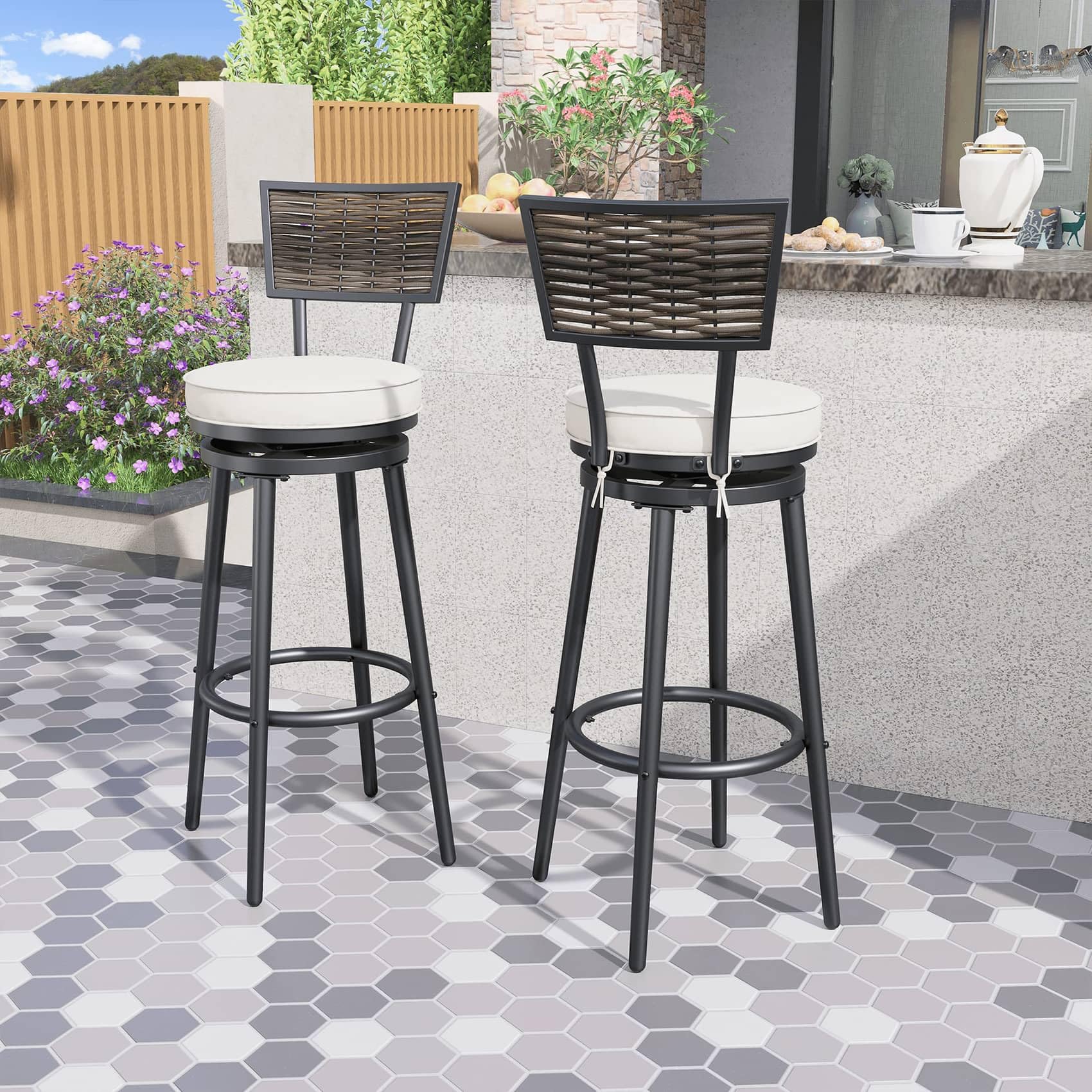 TOP HOME SPACE Patio Bar Stools Outdoor Swivel Bar Height Stool Chairs with Rattan Back Cushion for Deck Porch Backyard, Set of 4