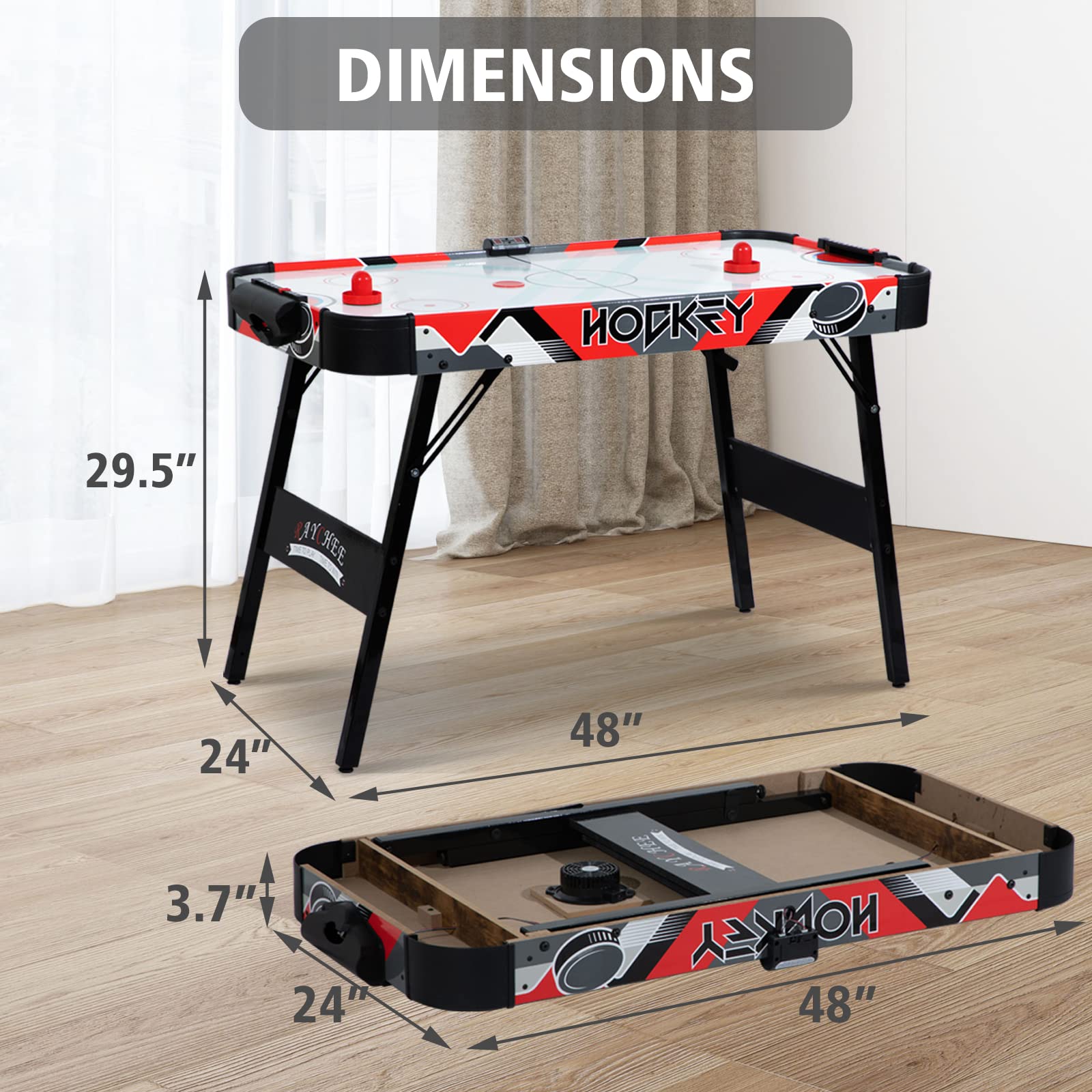 RayChee Foldable Powered Air Hockey Table, 48β Indoor Hockey Table Sports Gaming Set w/2 Pucks, 2 Pushers, LED Scoreboard, Powerful Fan Motor for Adults and Kids, Home Game Room (Red)