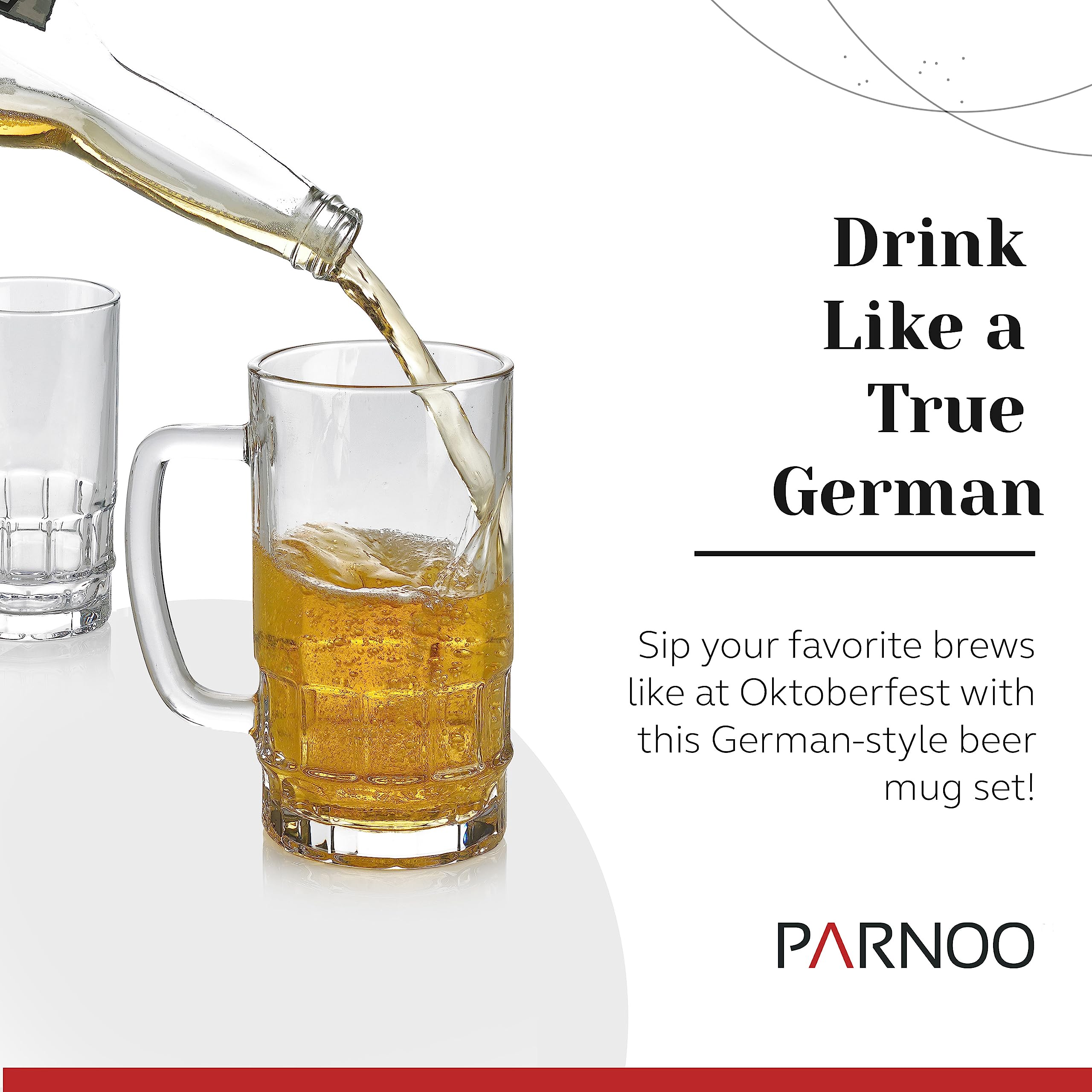 PARNOO Beer Glasses Set of 4 - Freezable 18 oz Glass Beer Mug Made for Cold Beverages - German-Style Beer Stein Mug for Homes, Pubs, Restaurants & More - Dishwasher-Friendly Beer Mugs With Handles