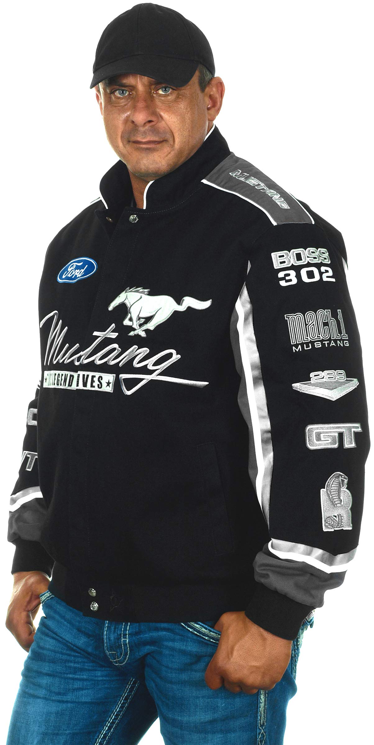 JH DESIGN GROUP Men's Ford Mustang Jacket an Embroidered Cotton Twill Coat (X-Large, CLG7-black)