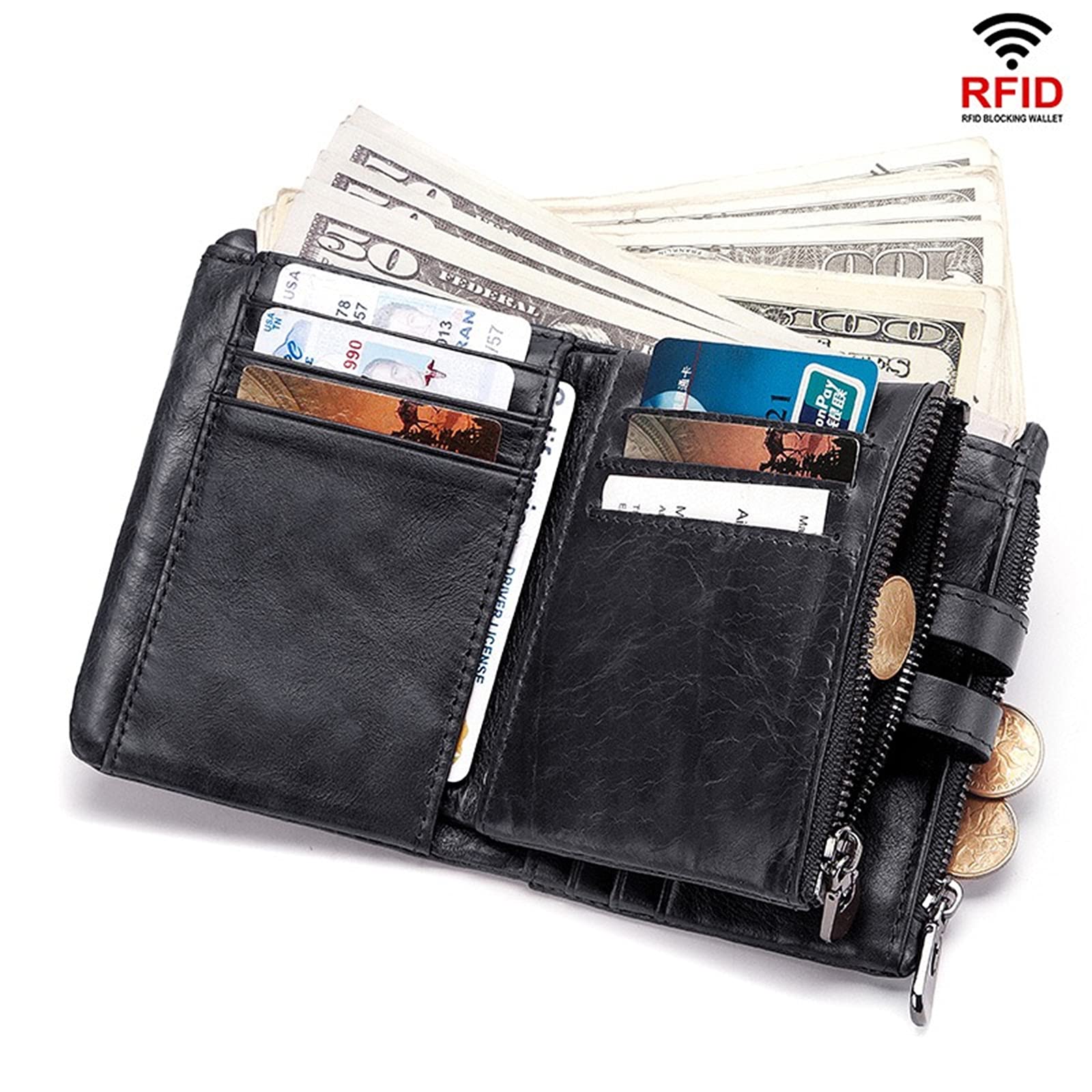 LAOHEIMA Mens Wallet RFID Genuine Leather Bifold Wallets For Men, ID Window 13 Card Holders Gift Bo