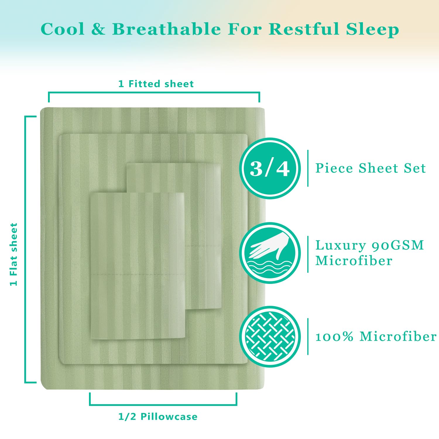 JOOKI Sage Green Striped Bed Sheets Set Full, 100% Microfiber Full Size Sheets Set Luxury Hotel Soft Cooling Sheets, 16" Deep Pocket Sheets, Breathable Wrinkle Free 4 Piece Bedding