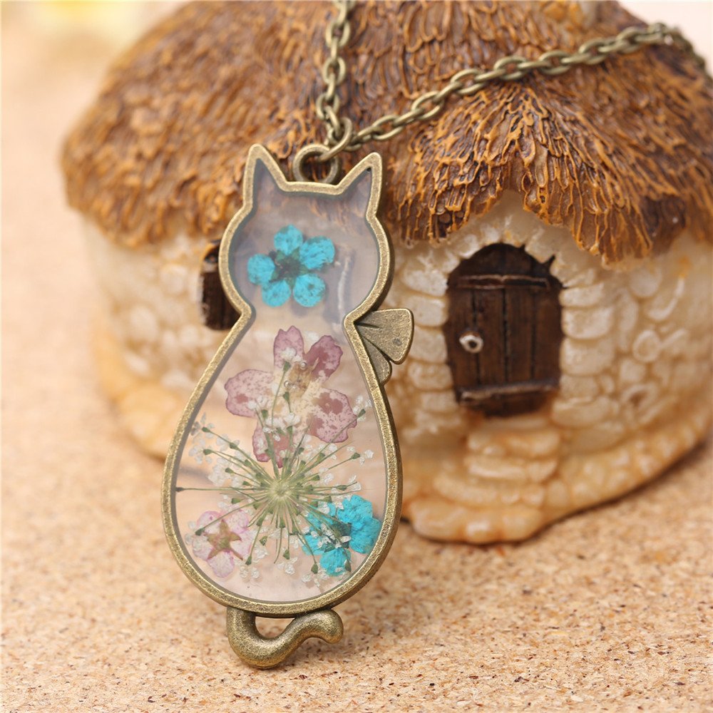 Jude Jewelers Retro Vintage Cat Shape Dry Flower Charm Pendant Necklace (Gold)
