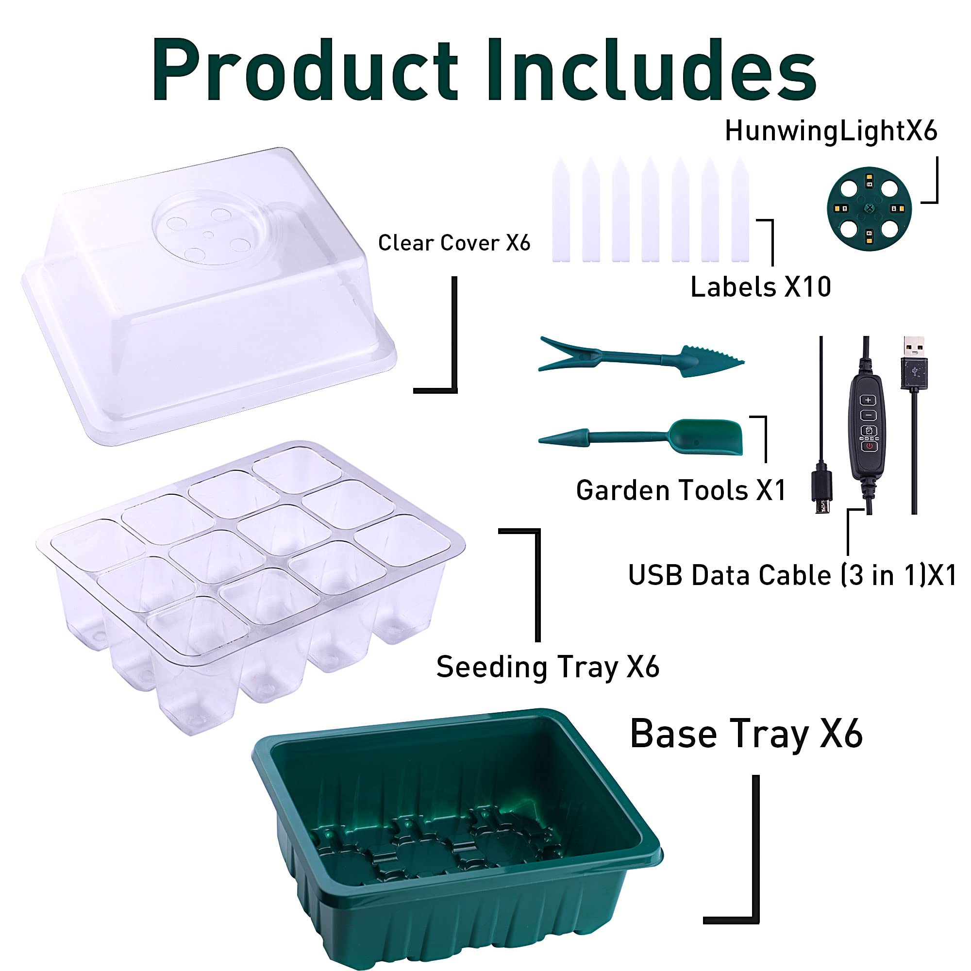 Kamansy Seed Starter Tray with Grow Light, 6PCS Seed Starter Kit with Light Timer, Covers Height 3.9", Seedling Starter Trays with Humidity Dome for Plants Growing Starting