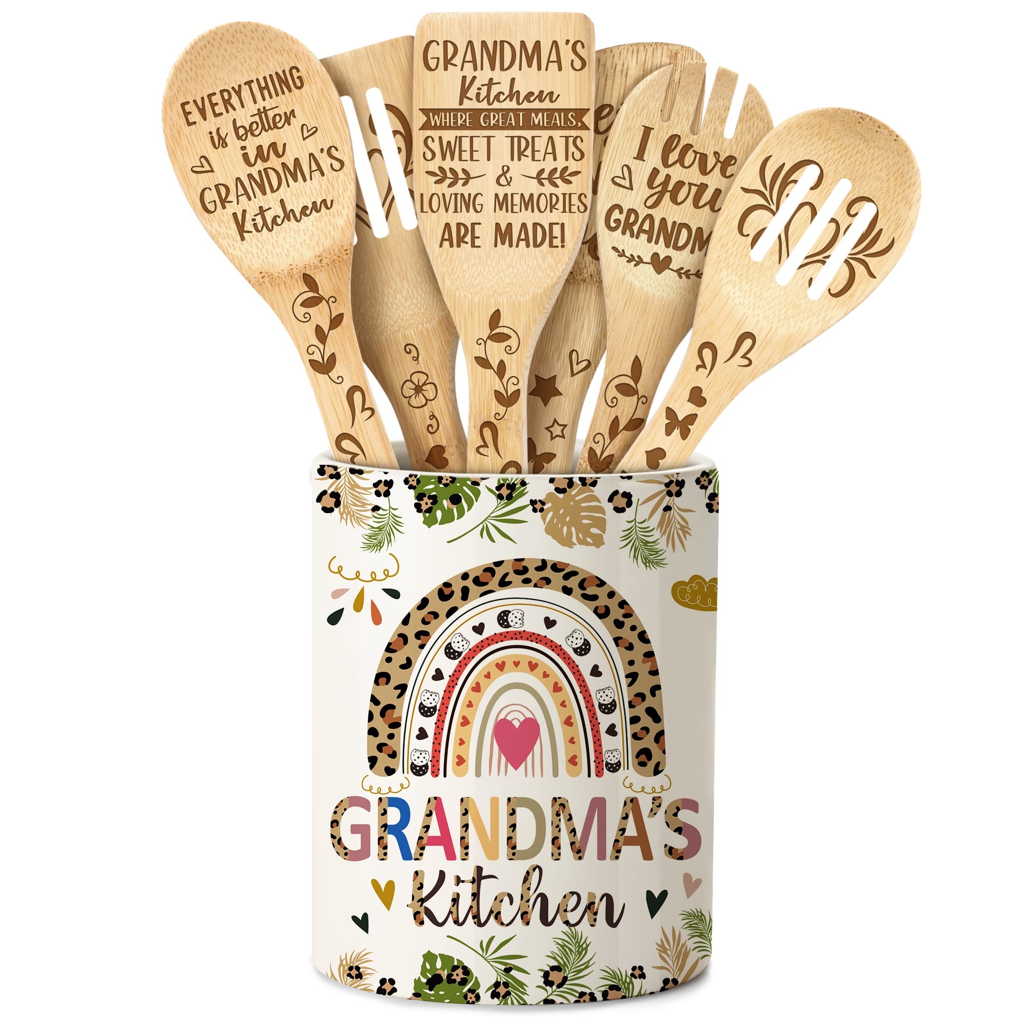 Rabbitable Gifts for Grandma, Ceramic Utensil Holder for Cooking with Wooden Spoons Mothers Day Gifts for Grandma, Grandma Mothers Day Gift Cooking Tools Kitchen Utensils Set with Wooden Spoons for 6