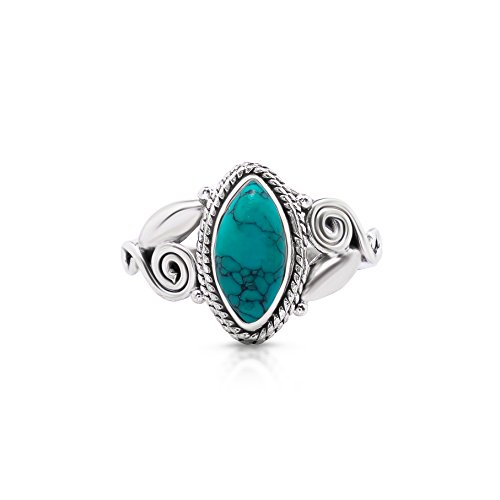 Koral Jewelry Synthetic Turquoise Vintage Gipsy Spiral Side Small Ring 925 Sterling Silver Boho Chic US Size 5 6 7 8 9 (6)