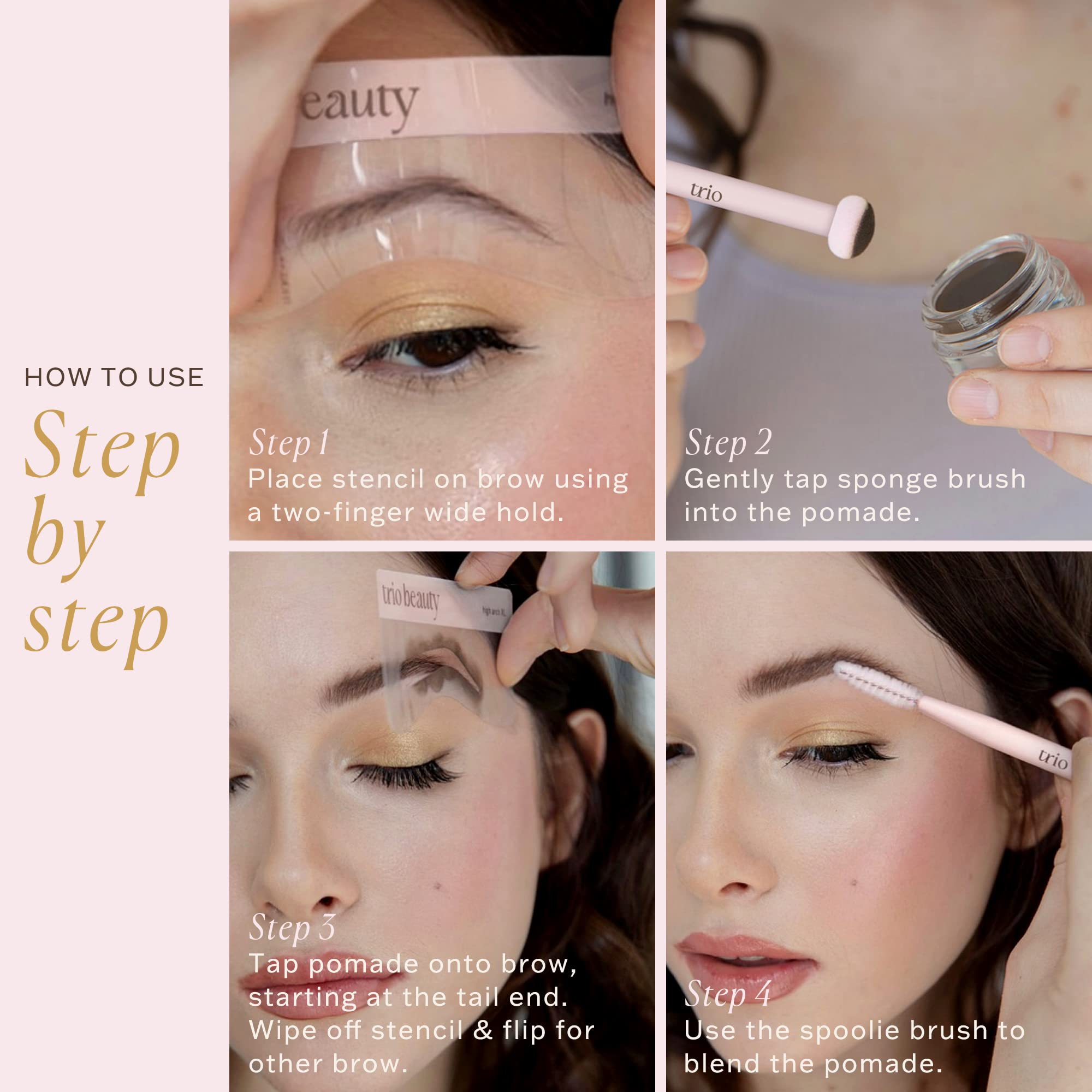 Trio Beauty Brow Trio Eyebrow Stencil Kit | Perfect Brows in Seconds | Eyebrow Stamp Stencil Kit with Fully Waterproof Eyebrow Pomade and Dual Ended Sponge Brush | Blonde