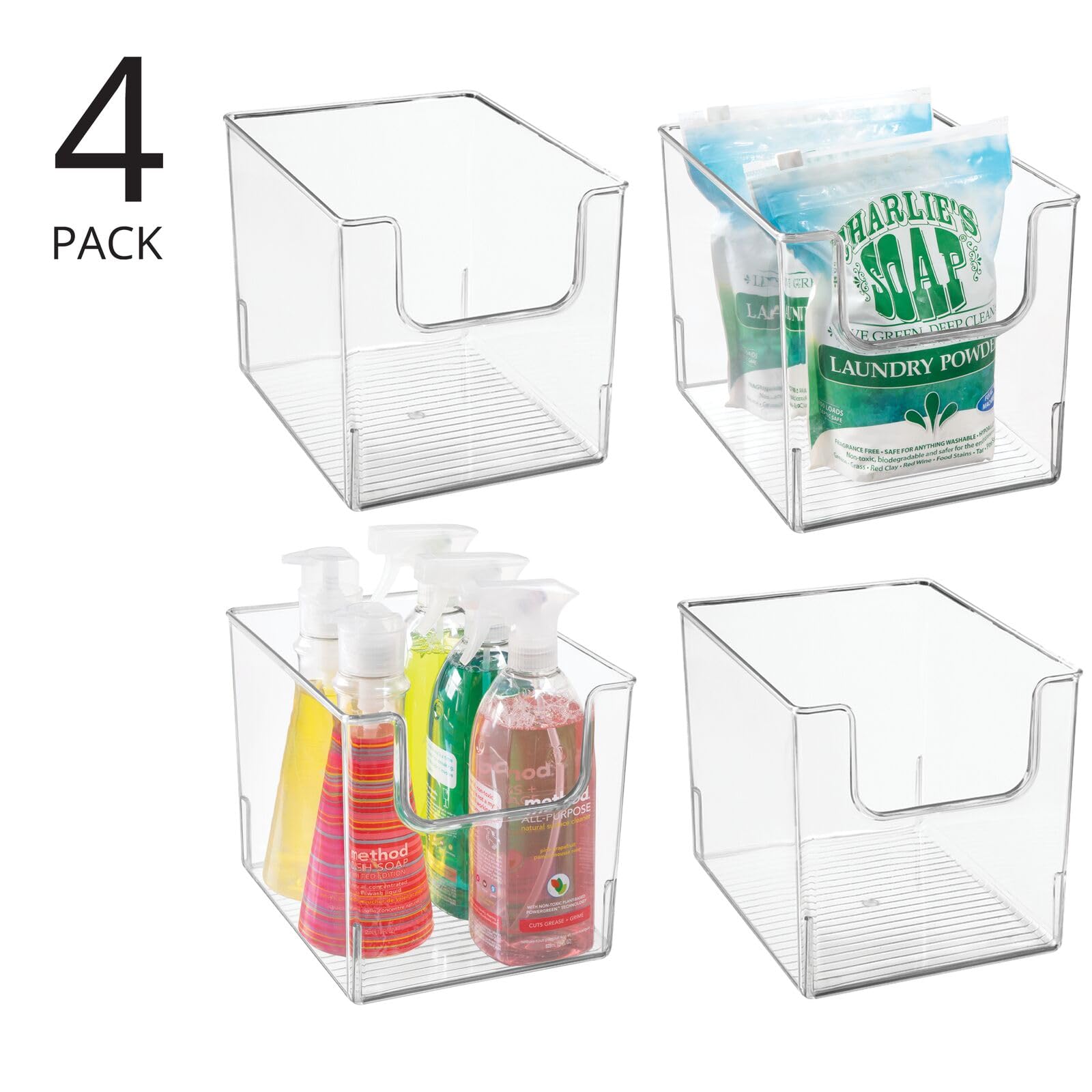mDesign Plastic Household Storage Organizer Bins with Open Dip Front for Kitchen, Bedroom, Bathroom, Office, Craft or Playroom Organization - Holds Toys, Books - Ligne Collection, 4 Pack - Clear