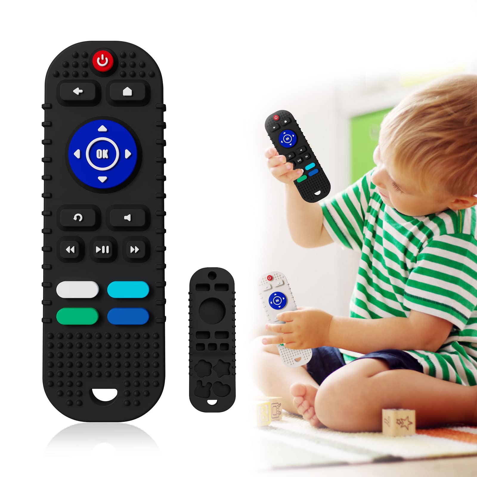 Silicone Remote Control Baby Teether Toys, Teething Toys for Toddler, Chew Toy for Baby 6-12 Months, Sensory Press Toy (Black)