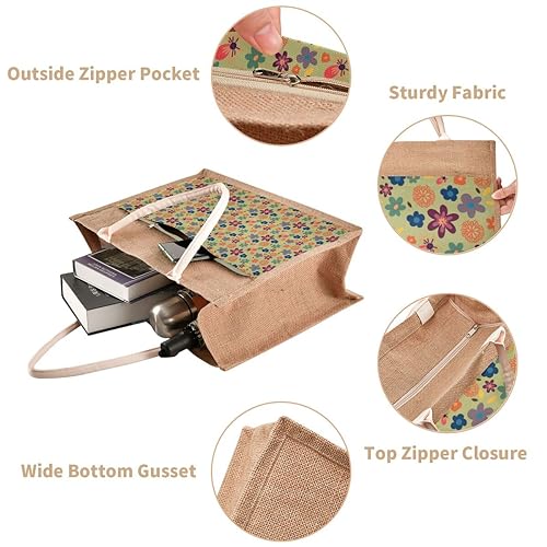 Jute Tote Burlap Bag Flowers Floral Elegant French Cute Green Gift Bag Women DIY Work Grocery Storage Bag
