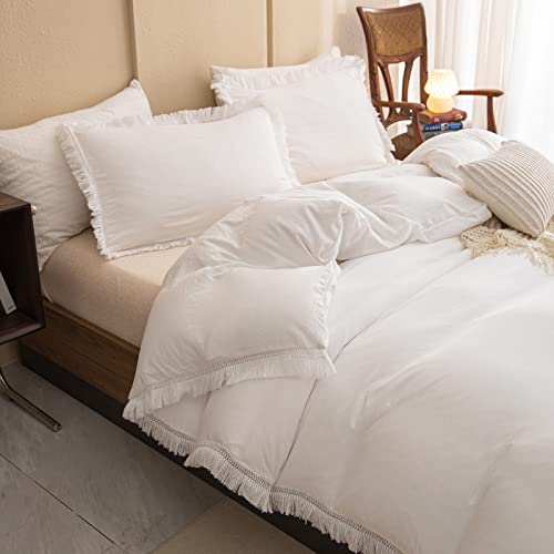 White Bedding Queen Boho Duvet Cover Set Shabby Chic Home Decor Tufted Tassel Beding Bohemian Farmhouse Bedding Set 1 Duvet Cover 2 Pillowcases (White, Queen)