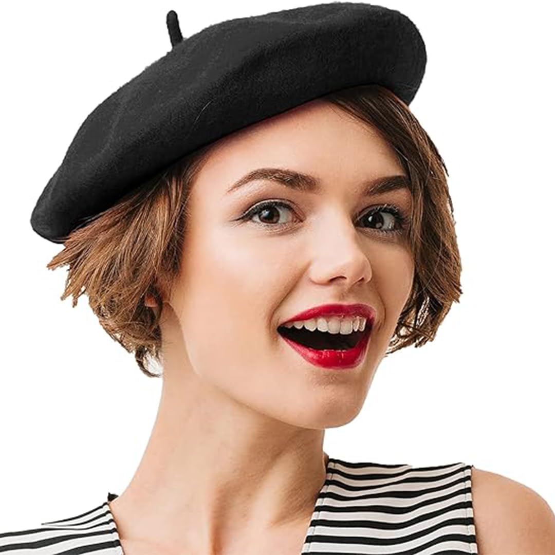 Kangaroo Black Hat- Women's Wool Beret, Parisian Hat, Lightweight Stylish Beret, Classic French Fashion Accessory