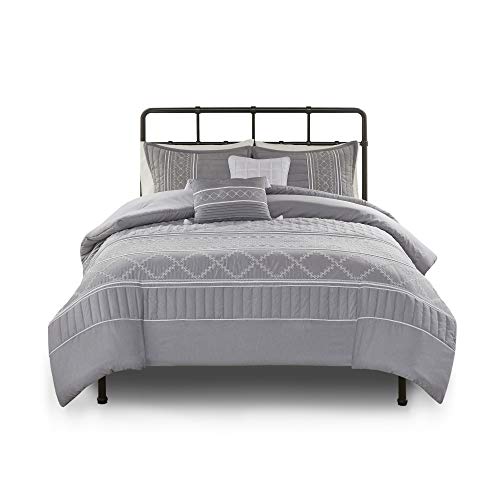 Madison Park Comforter Set, Embroidered Textured Heatherd Print All Season Down Alternative Cozy Bedding with Matching Shams, Decorative Pillow, King (104 in x 92 in), Kailee, Embroidery Grey 5 Piece