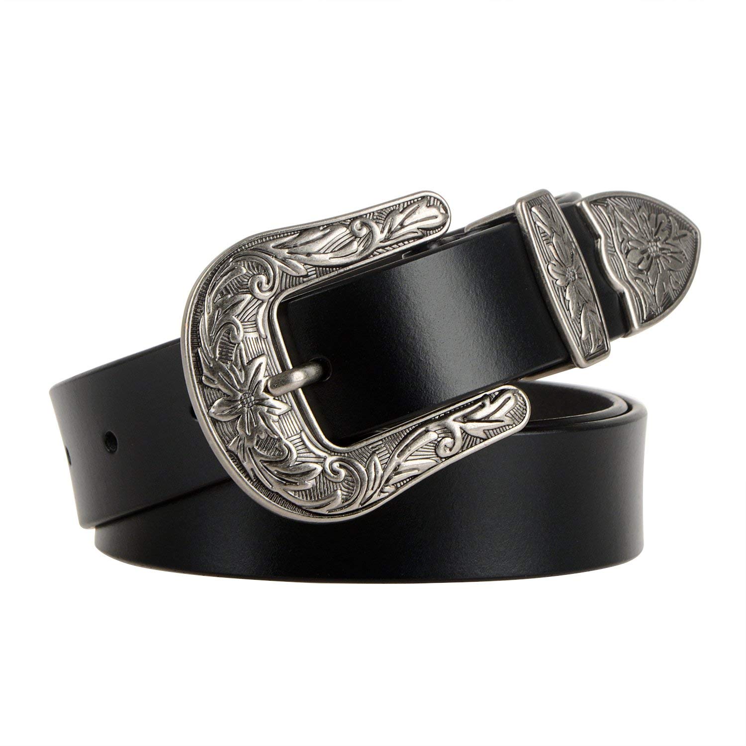 JASGOOD Women Leather Belts Ladies Vintage Western Design Black Waist Belt for Pants Jeans Dresses (Fit Size 33-37 Inches, A-Black)