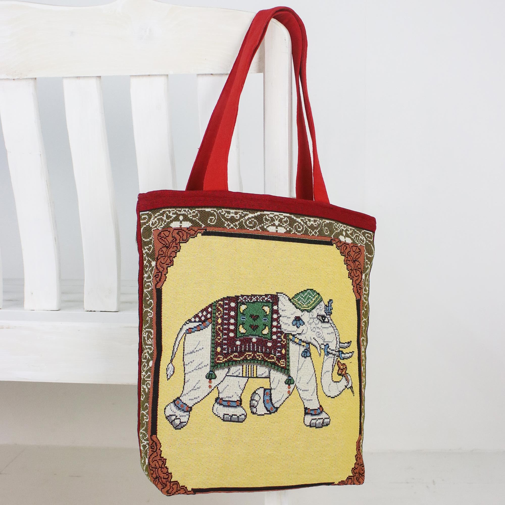 NOVICA Artisan Hand Embroidered Cotton Shoulder Bag Summer Thai Elephant Handbag Multicolor Yellow Thailand Animal Themed 'Summer Elephant'