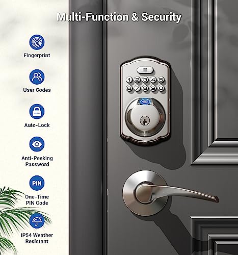 Veise Fingerprint Door Lock with 2 Lever Handles - Keyless Entry Door Lock, Electronic Keypad Deadbolt & Front Door Lock Handle Sets, Auto Lock & 1 Touch Locking, Easy Installation, Satin Nickel