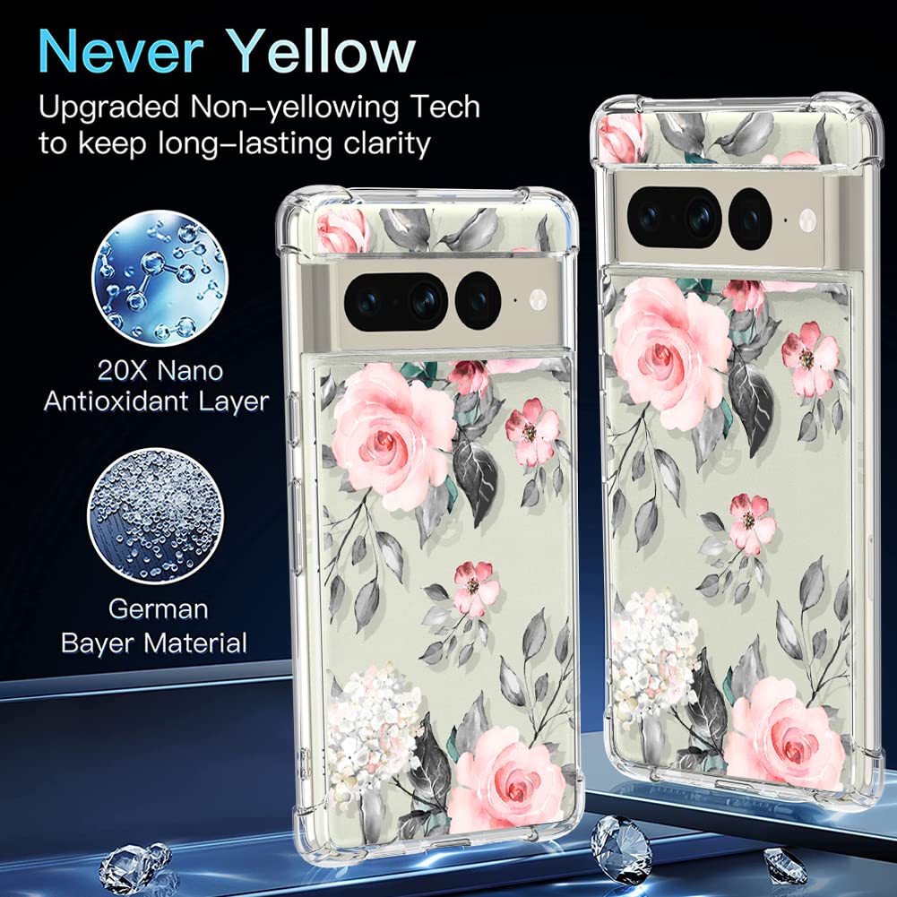 KANGHAR Compatible with Google Pixel 7 Pro Case,Clear Floral Shockproof Drop Protective Girls Women Hard Case with TPU Bumper Cover Phone Case-Pink Rose